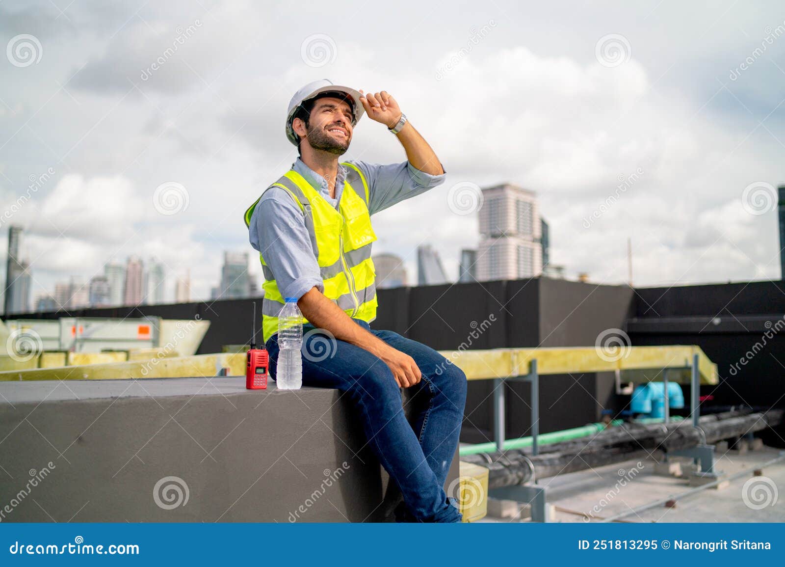 Caucasian Professional Engineer or Technician Sit on Terrace of ...
