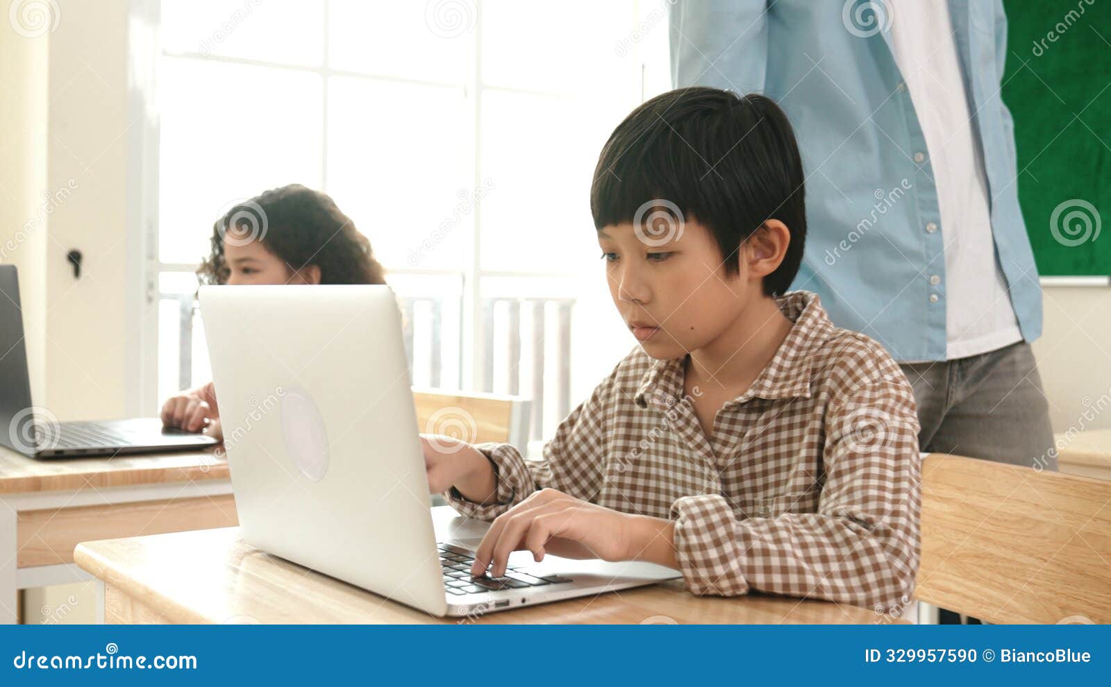 Caucasian Teacher Helping Asian Student Coding Engineering Prompt ...