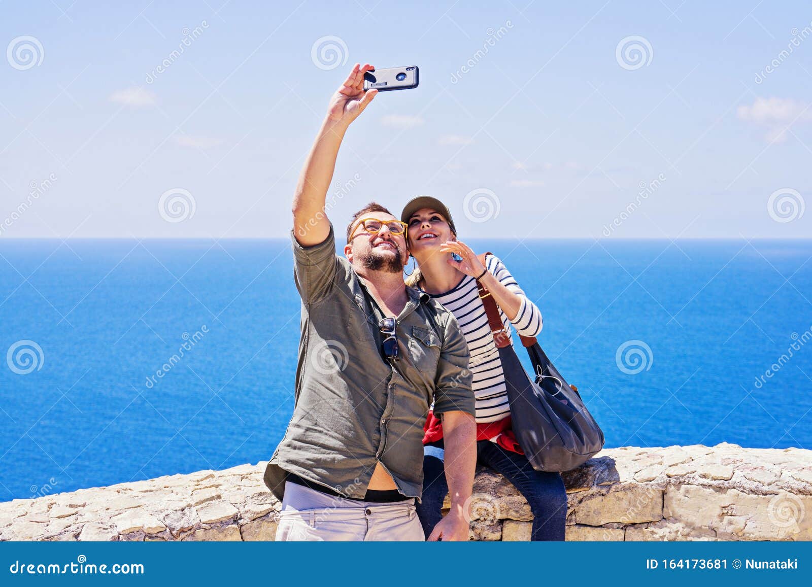 Caucasian White Happy Couple People Take Selfie Using Mobile Phone