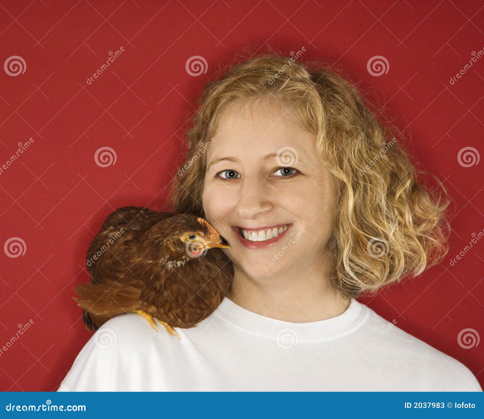 Caucasian Woman with Chicken on Shoulder. Stock Image - Image of ...