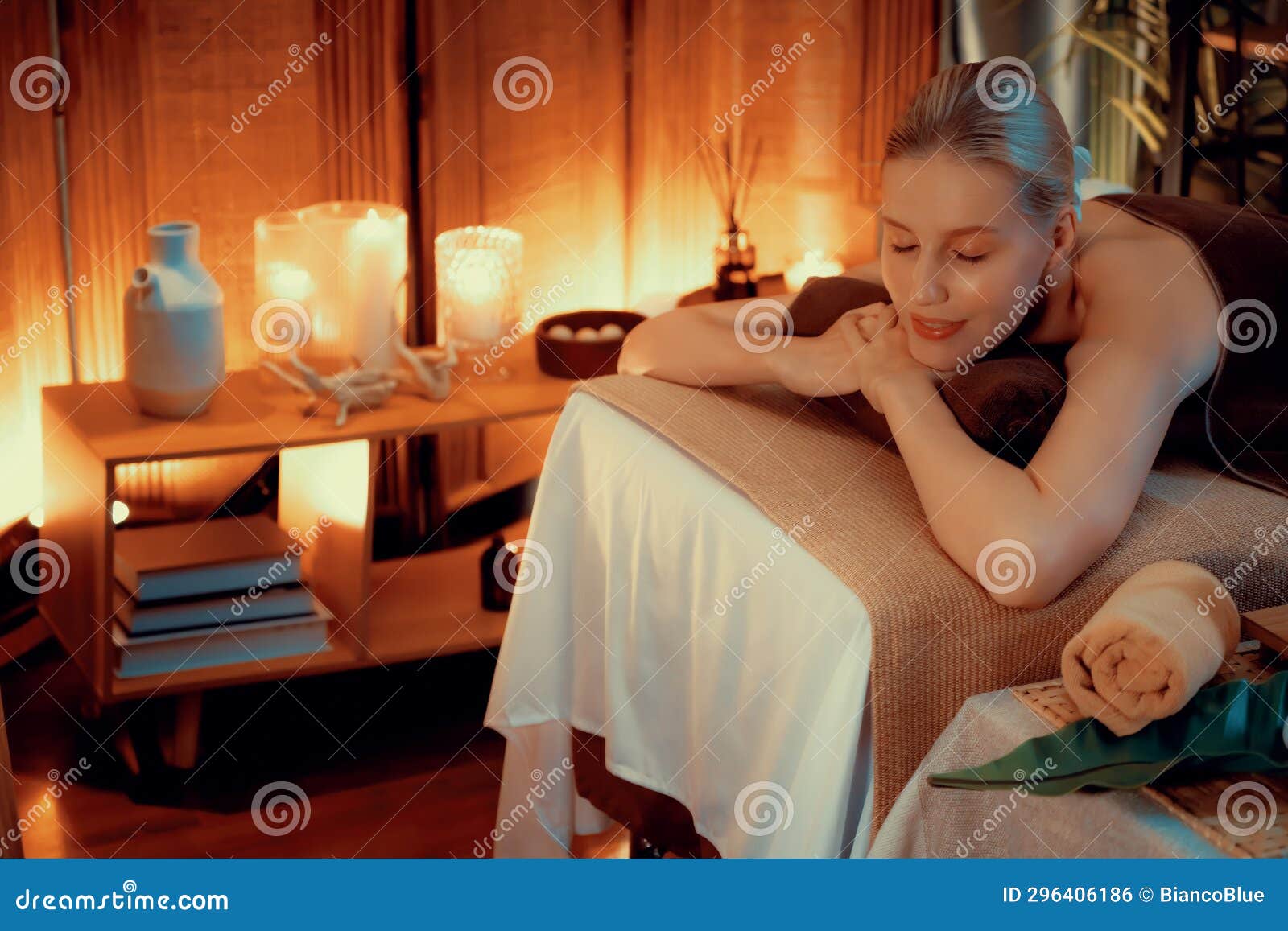 Caucasian Woman Customer Enjoying Relaxing Anti Stress Massage