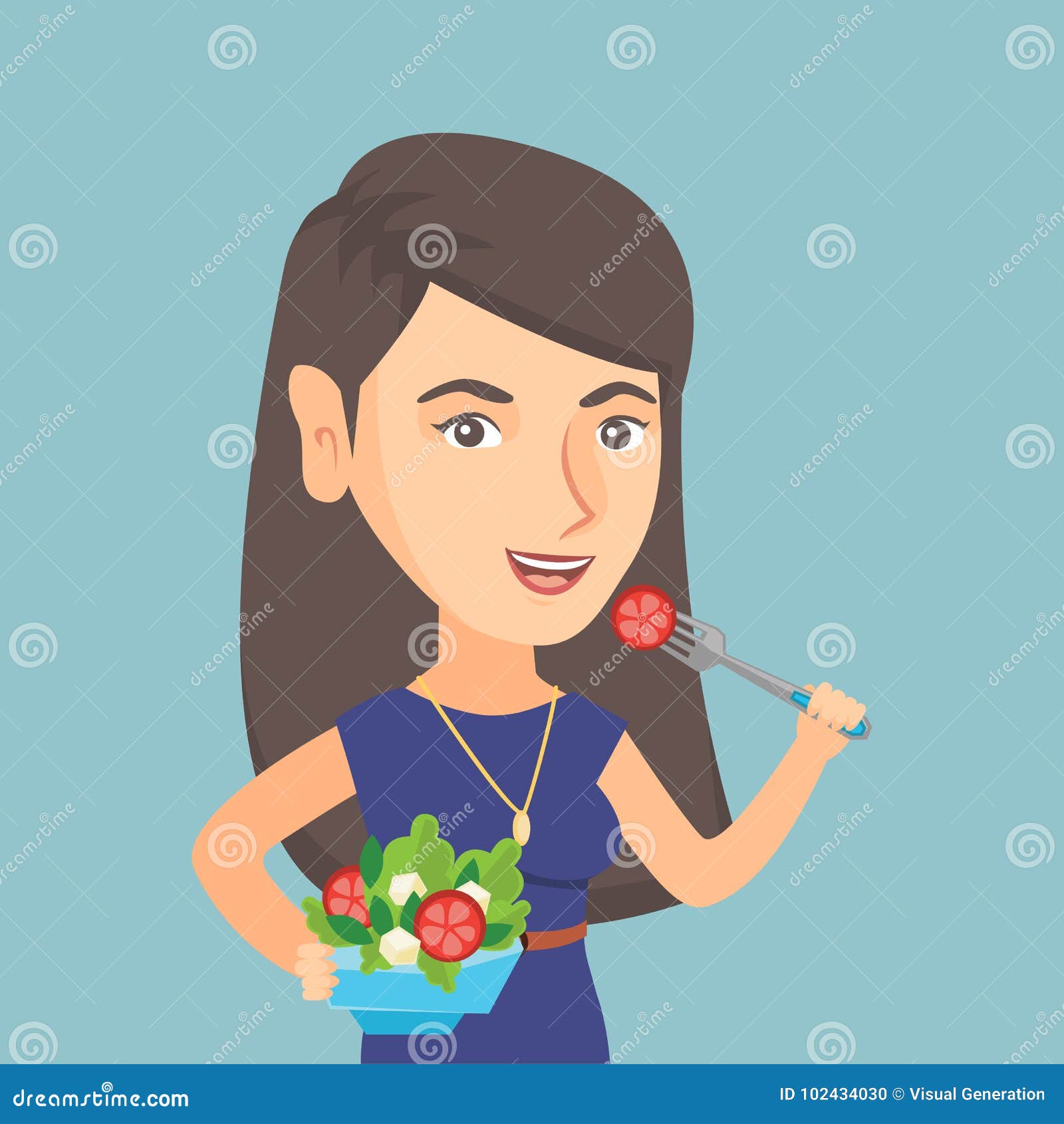 Caucasian Woman Eating Healthy Vegetable Salad Stock Vector