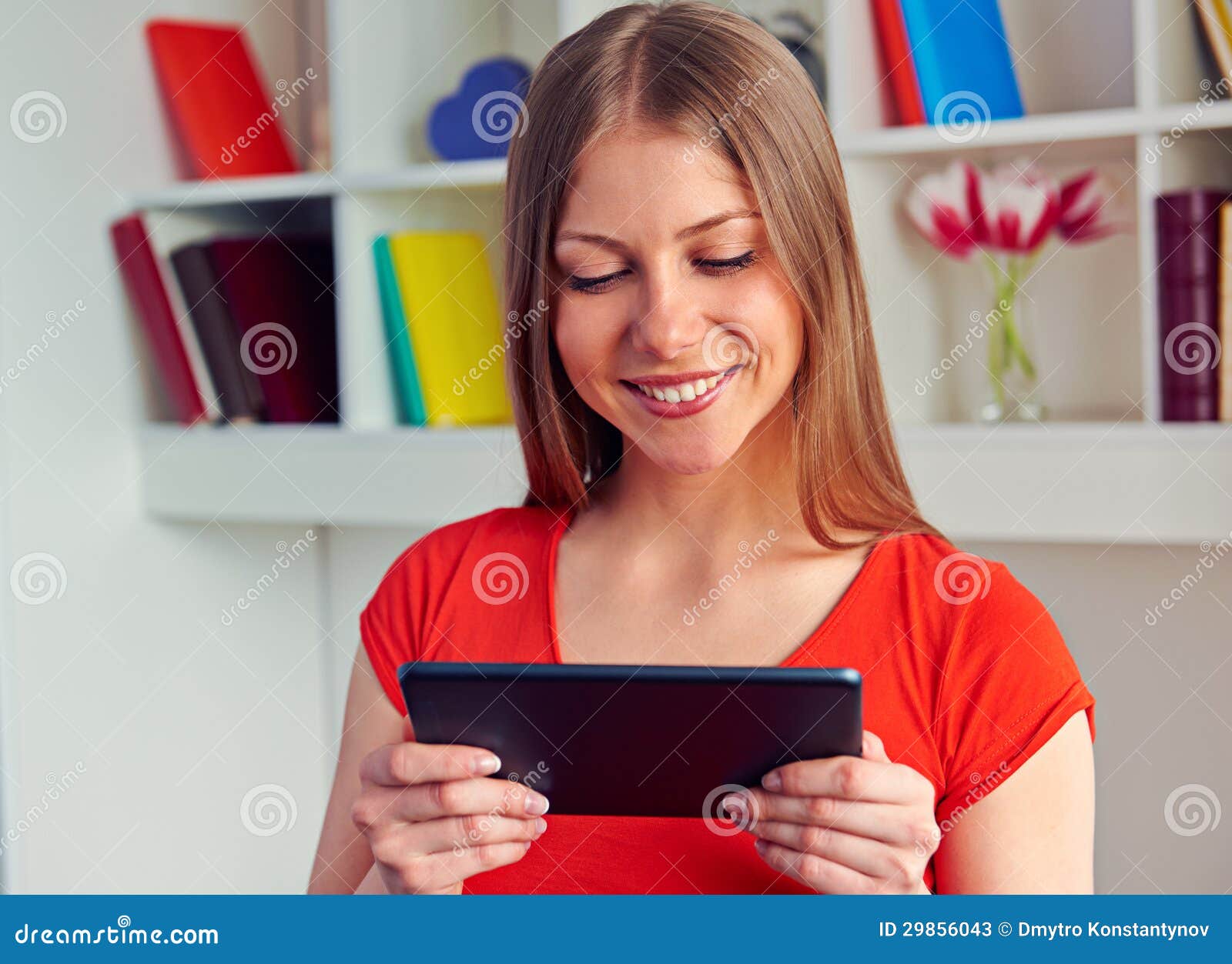 Woman Looking at Tablet Pc and Smiling Stock Image - Image of happiness ...