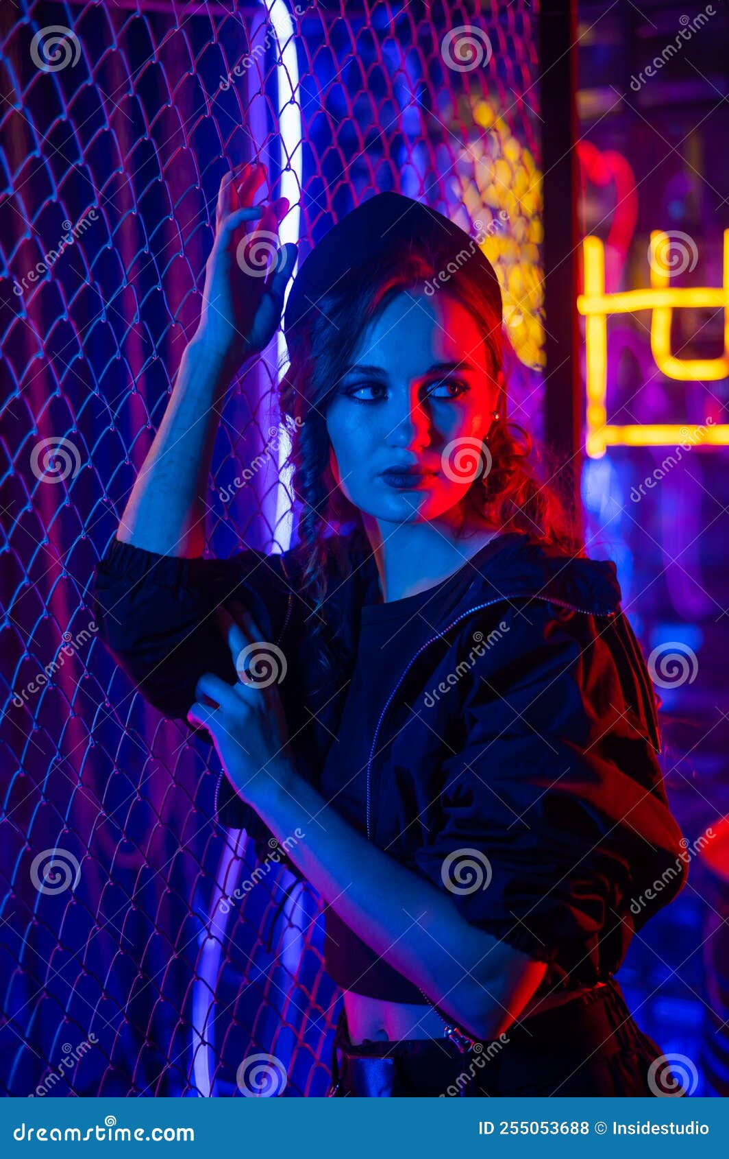 Caucasian Woman Posing in Neon Studio. Stock Photo - Image of makeup ...