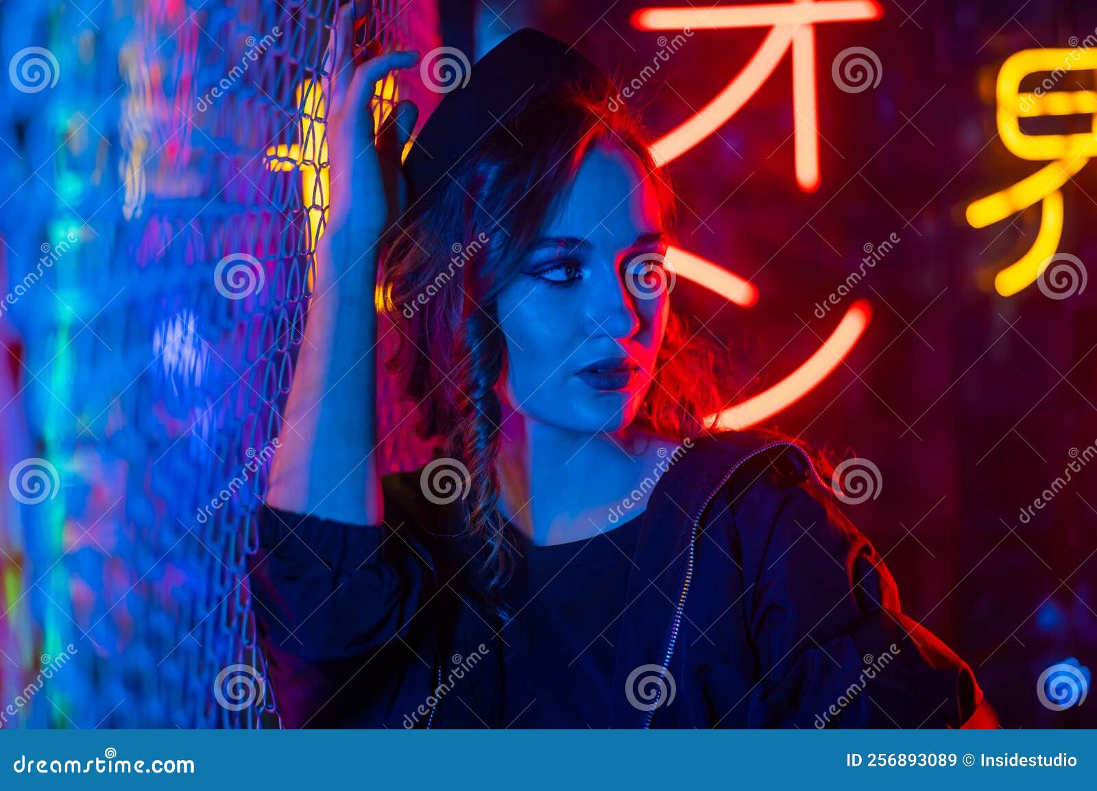 Caucasian Woman Posing in Neon Studio. Stock Image - Image of neon ...
