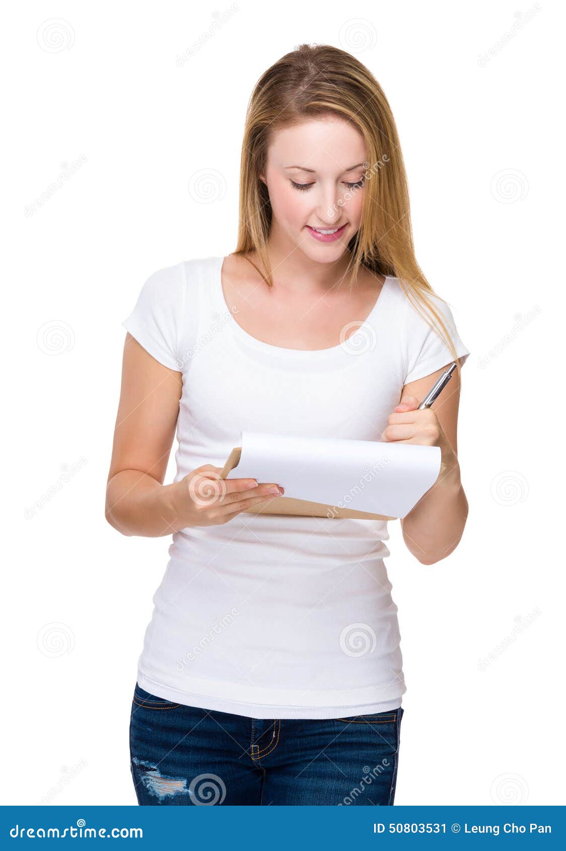 Caucasian Woman Take Note on Clipboard Stock Image - Image of people ...