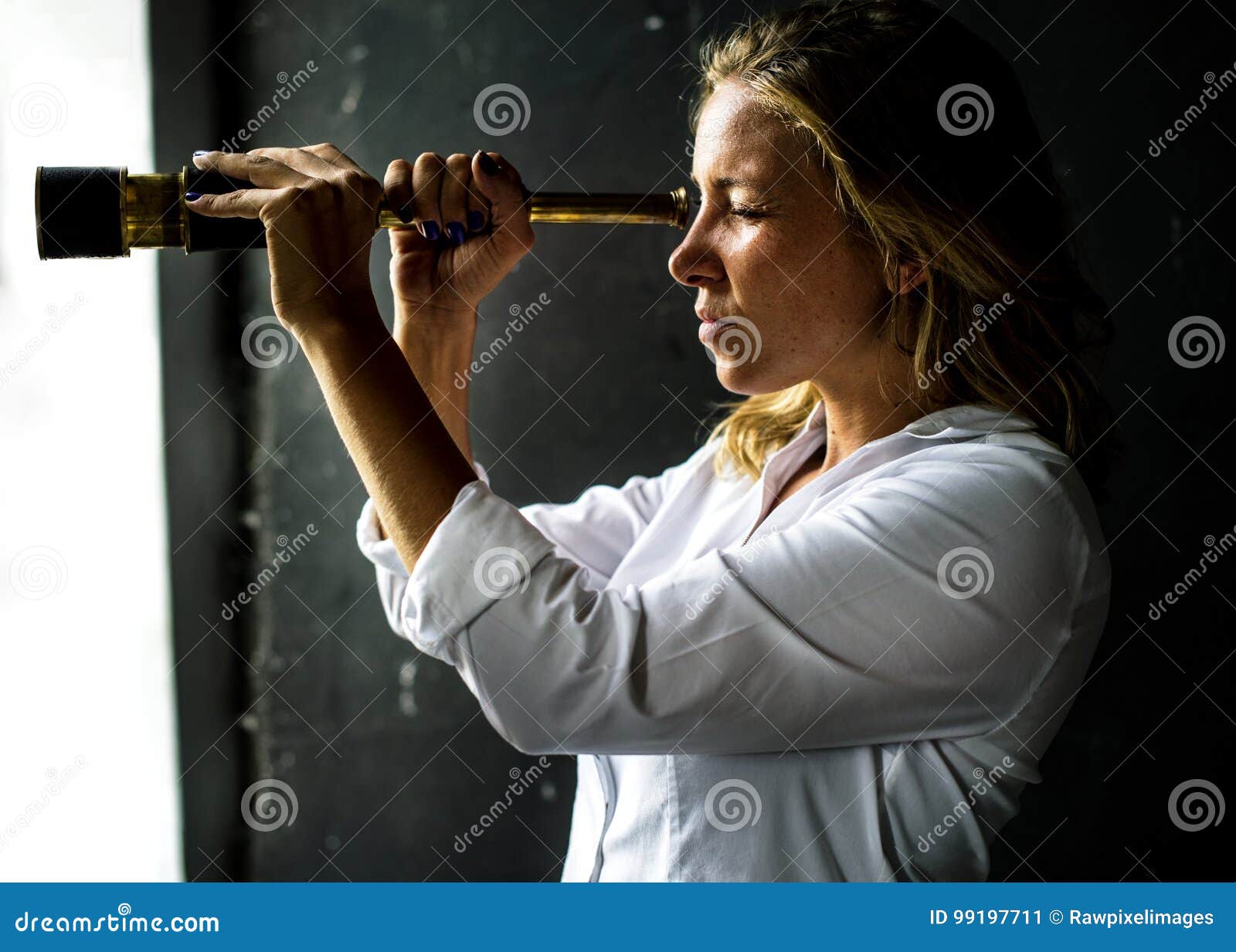 Caucasian Woman Using Telescope Spyglass Stock Image - Image of ...