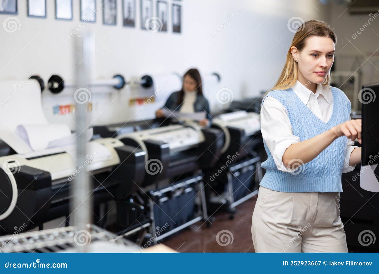 Woman Working in Printing Office, Using Printer Stock Image - Image of ...