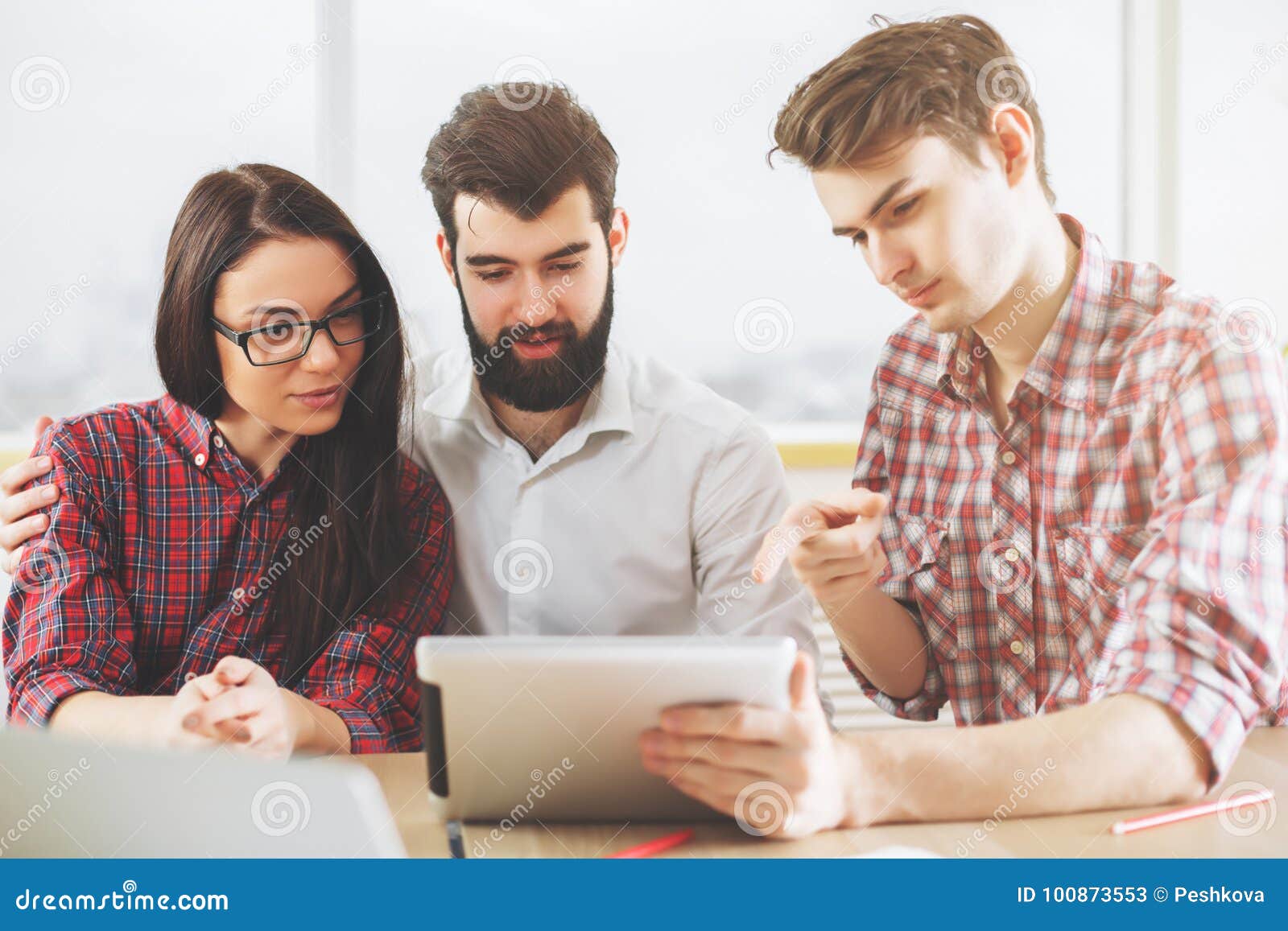 Caucasian People Using Tablet in Office Stock Image - Image of ...