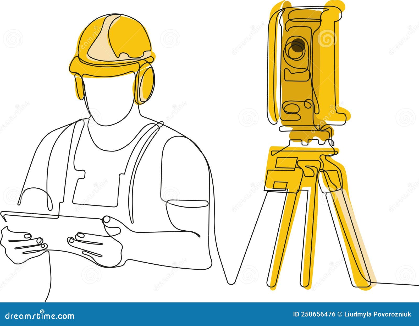 Caucasian Worker with Helmet on Head Using Tablet Stock Vector ...