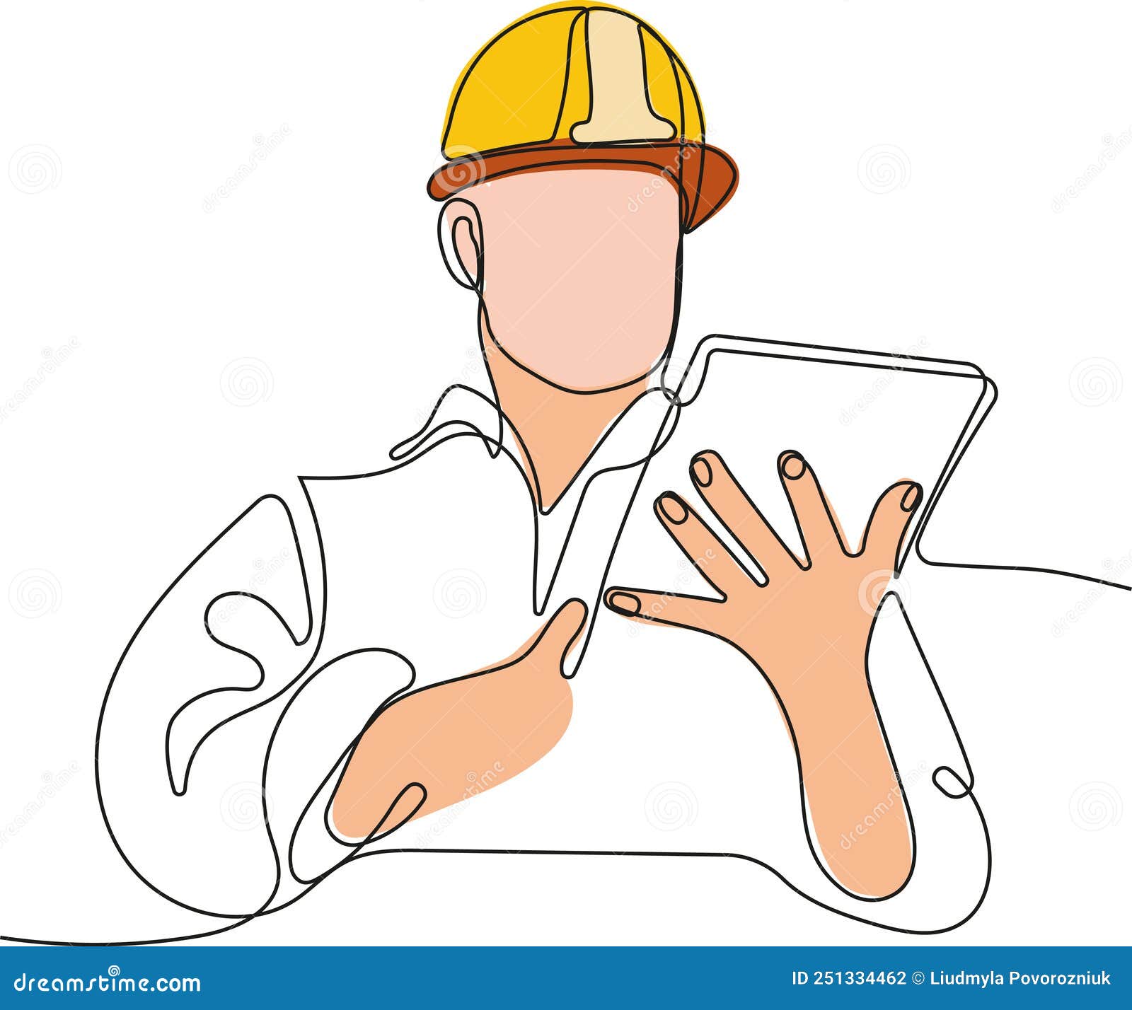 Caucasian Worker with Helmet on Head Using Tablet Stock Vector ...