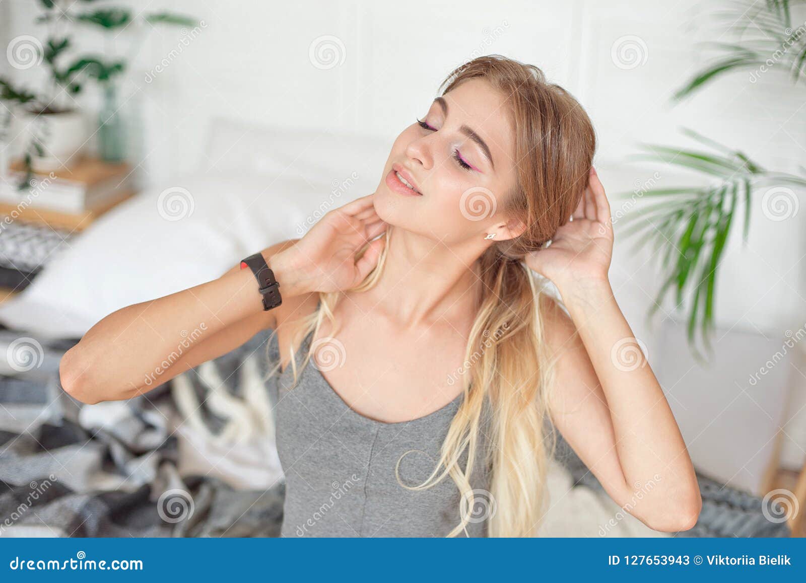 Caucasian Young Attractive Woman Waking Up With Good Mood Happy Woman