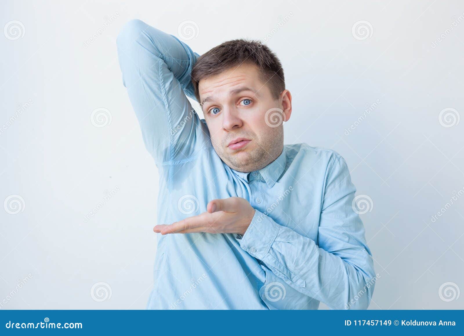 The Man Shows His Sweaty Armpits To The Camera. Close-up Of Sweat Drops ...
