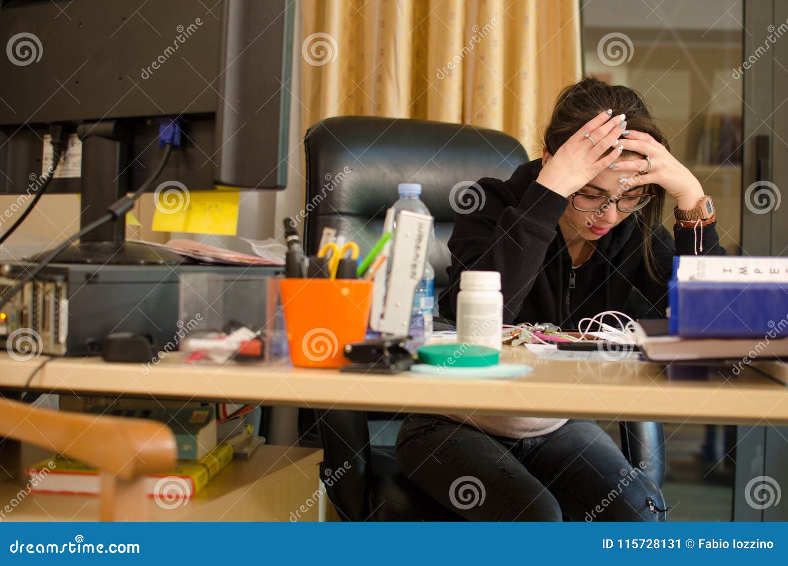 Stressed Woman at Work with Computer in Front of Her Stock Image ...