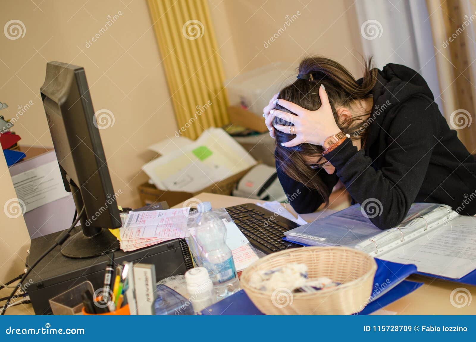 Stressed Woman at Work with Computer in Front of Her Stock Image ...