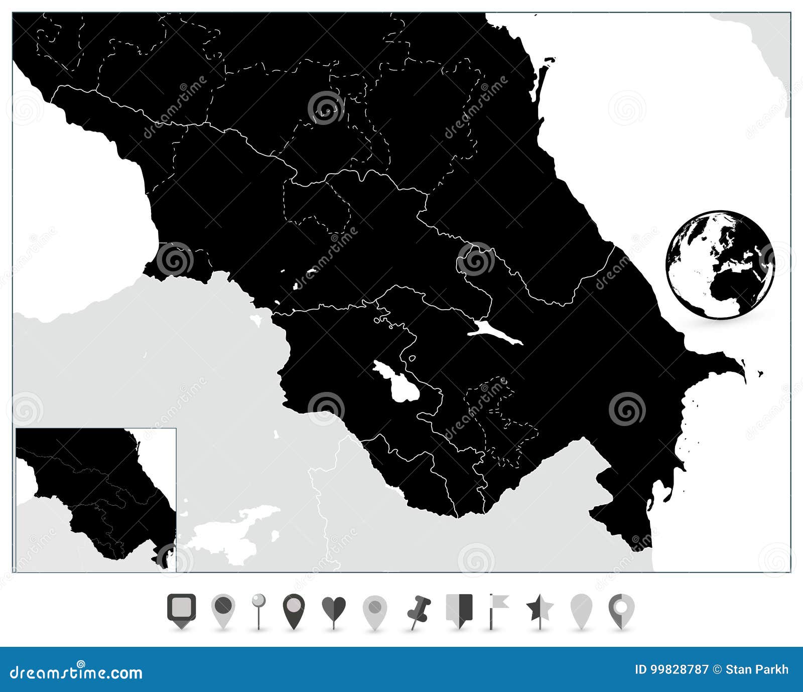 Caucasus Black Map and Flat Map Markers Stock Vector - Illustration of ...