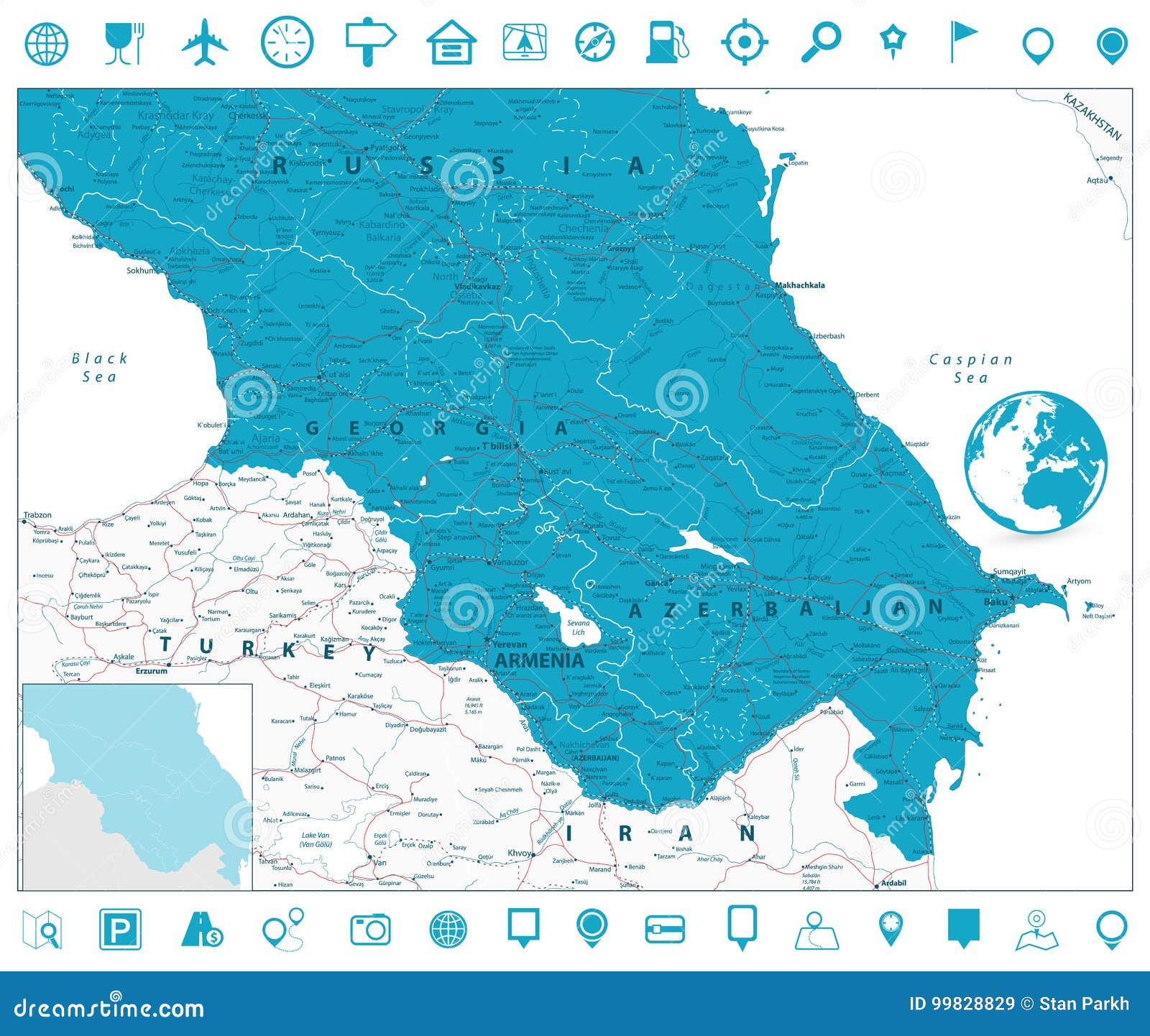 Caucasus Map and Navigation Icons Stock Vector - Illustration of border ...