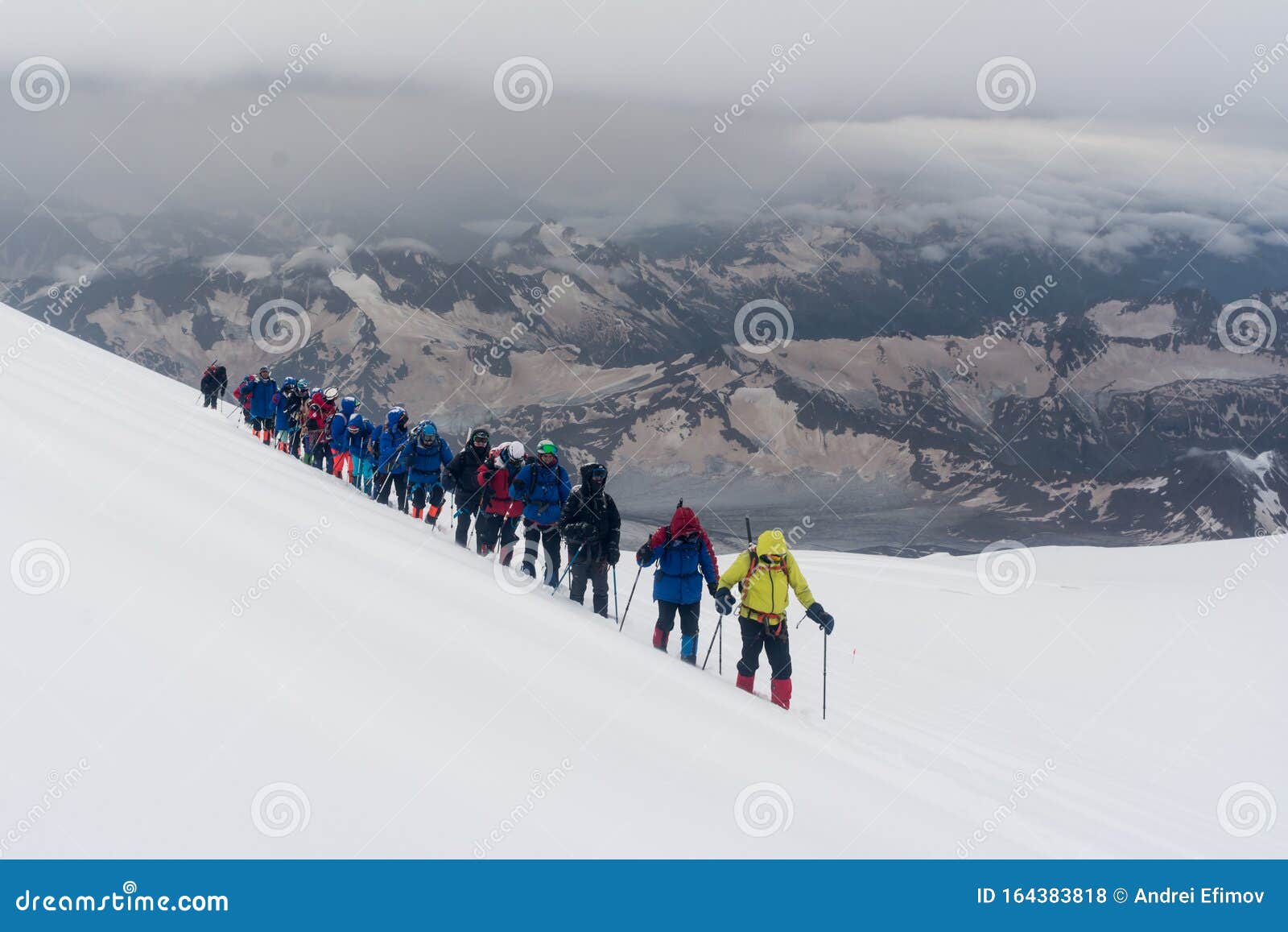 Caucasus / Russia - 07.15.2018 Group of Climbers Climbing Mountain ...