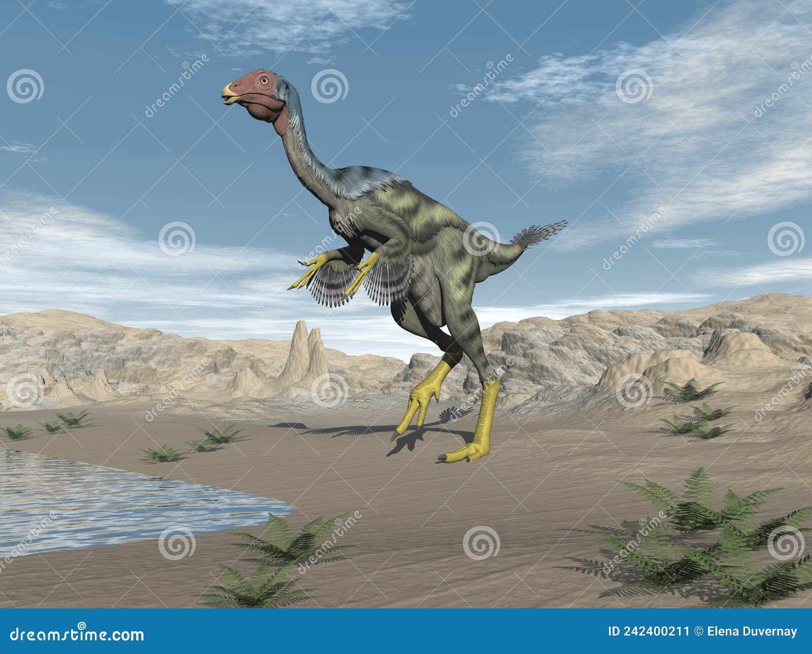 Caudipteryx Dinosaur in the Desert - 3D Render Stock Illustration ...