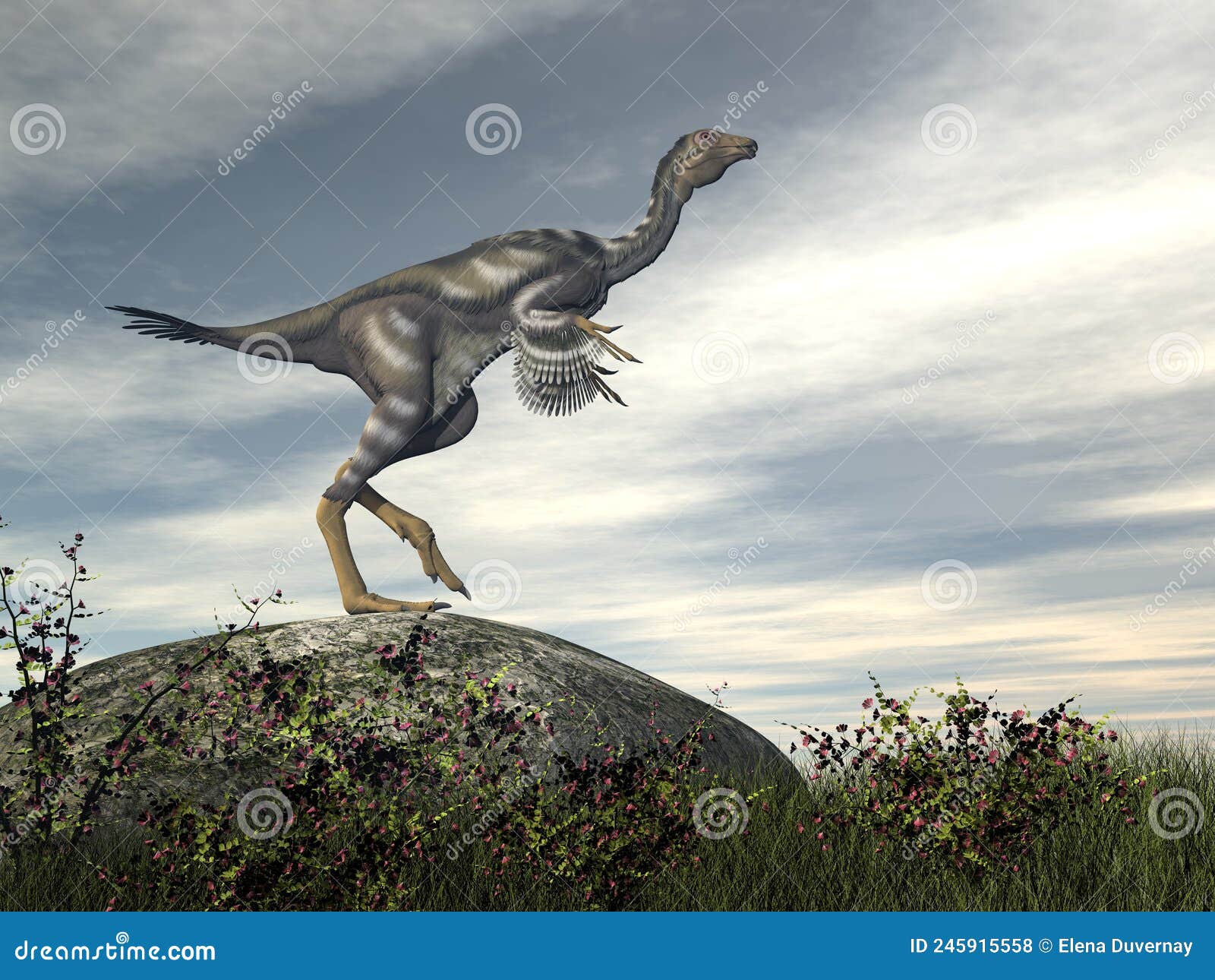 Caudipteryx Dinosaur on a Rock - 3D Render Stock Illustration ...