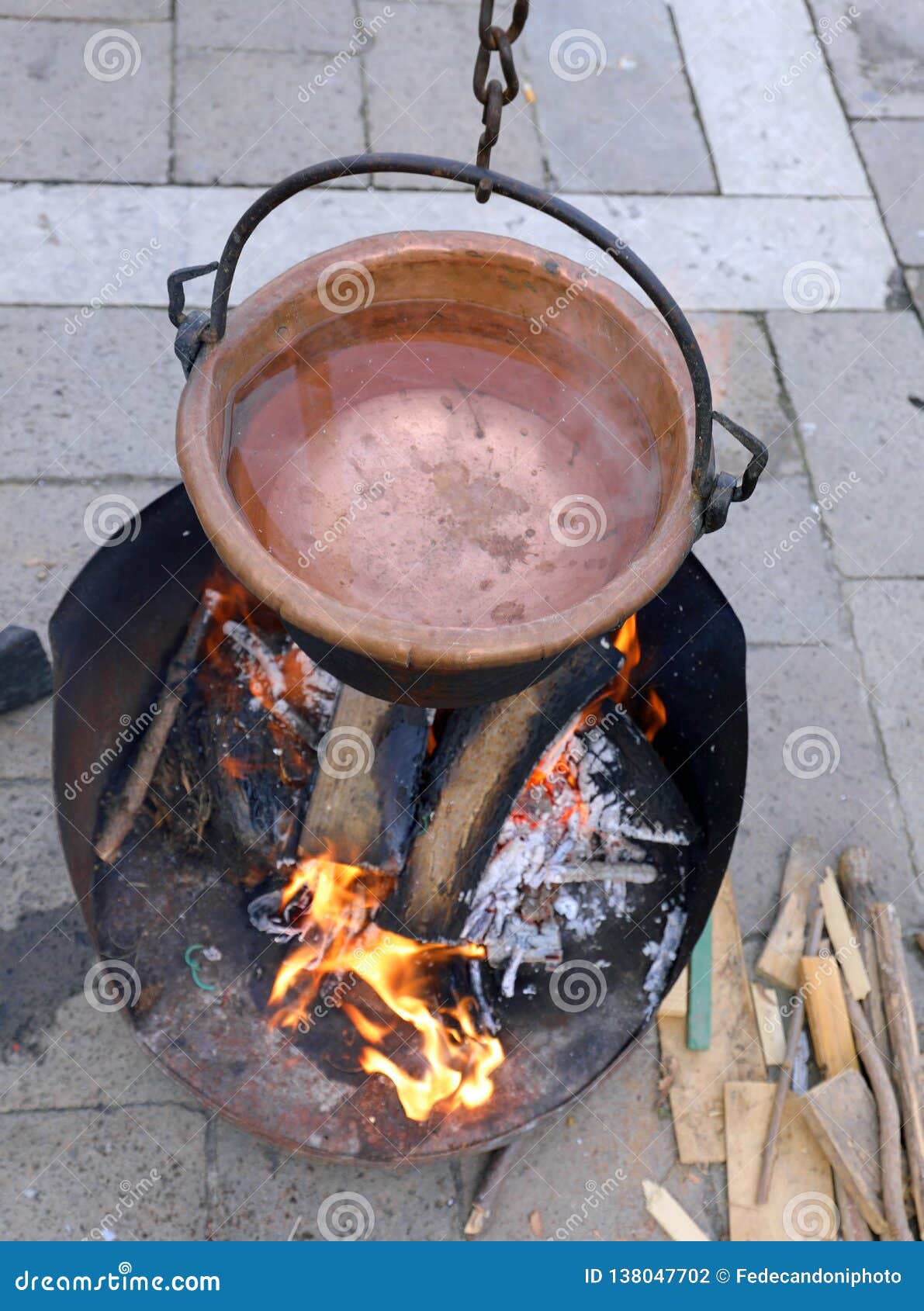 Cauldron with Boiling Water and a Large Wood Fire Stock Photo - Image ...