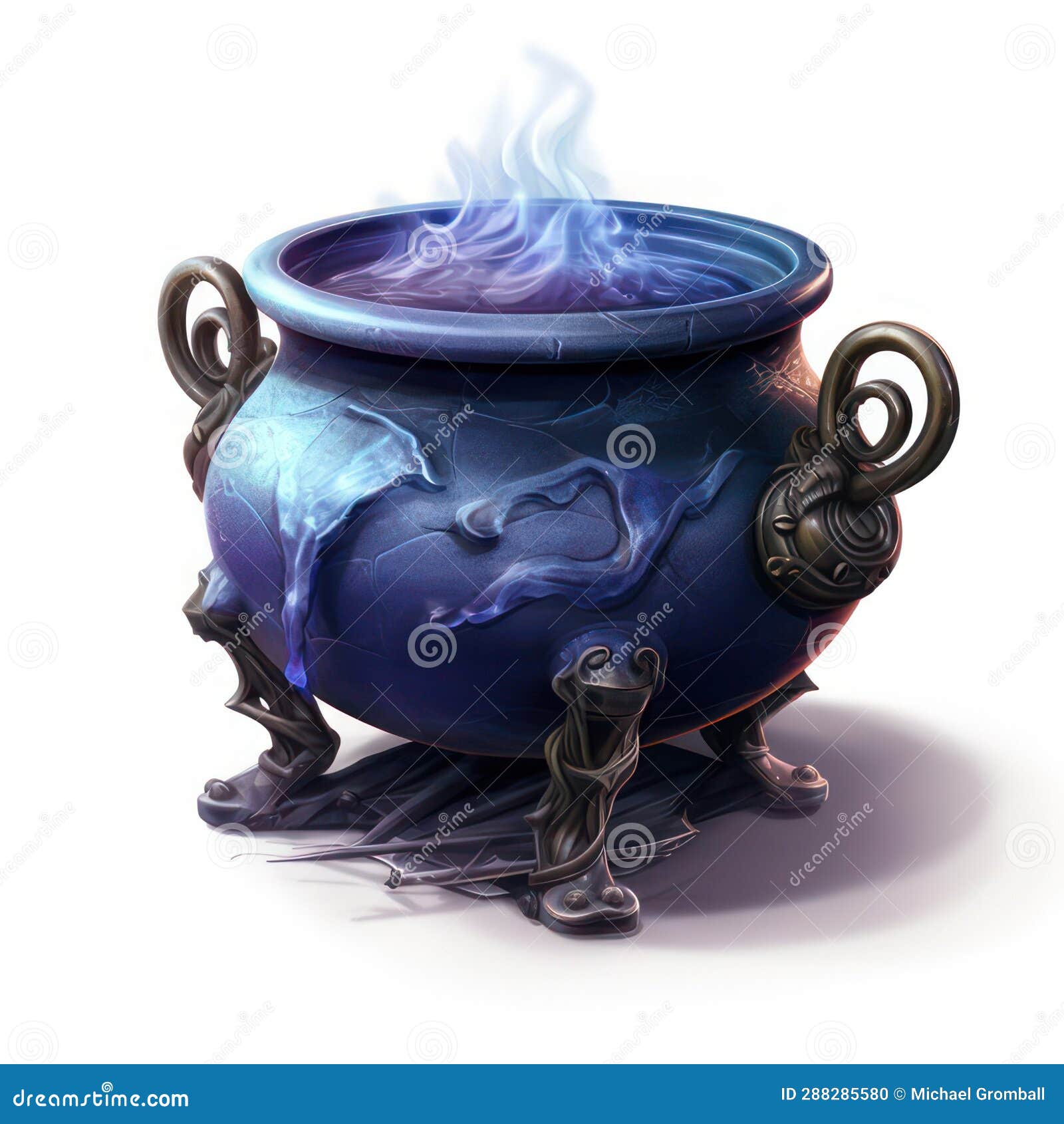 Cauldron Filled with Potion and Blue Flames on Top Isolated on White ...