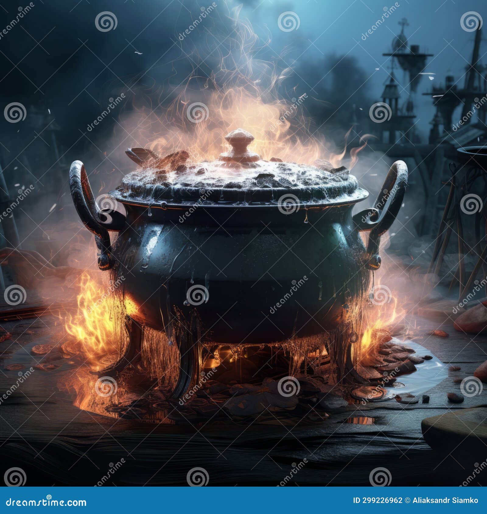 A cauldron on fire stock illustration. Illustration of magic - 299226962