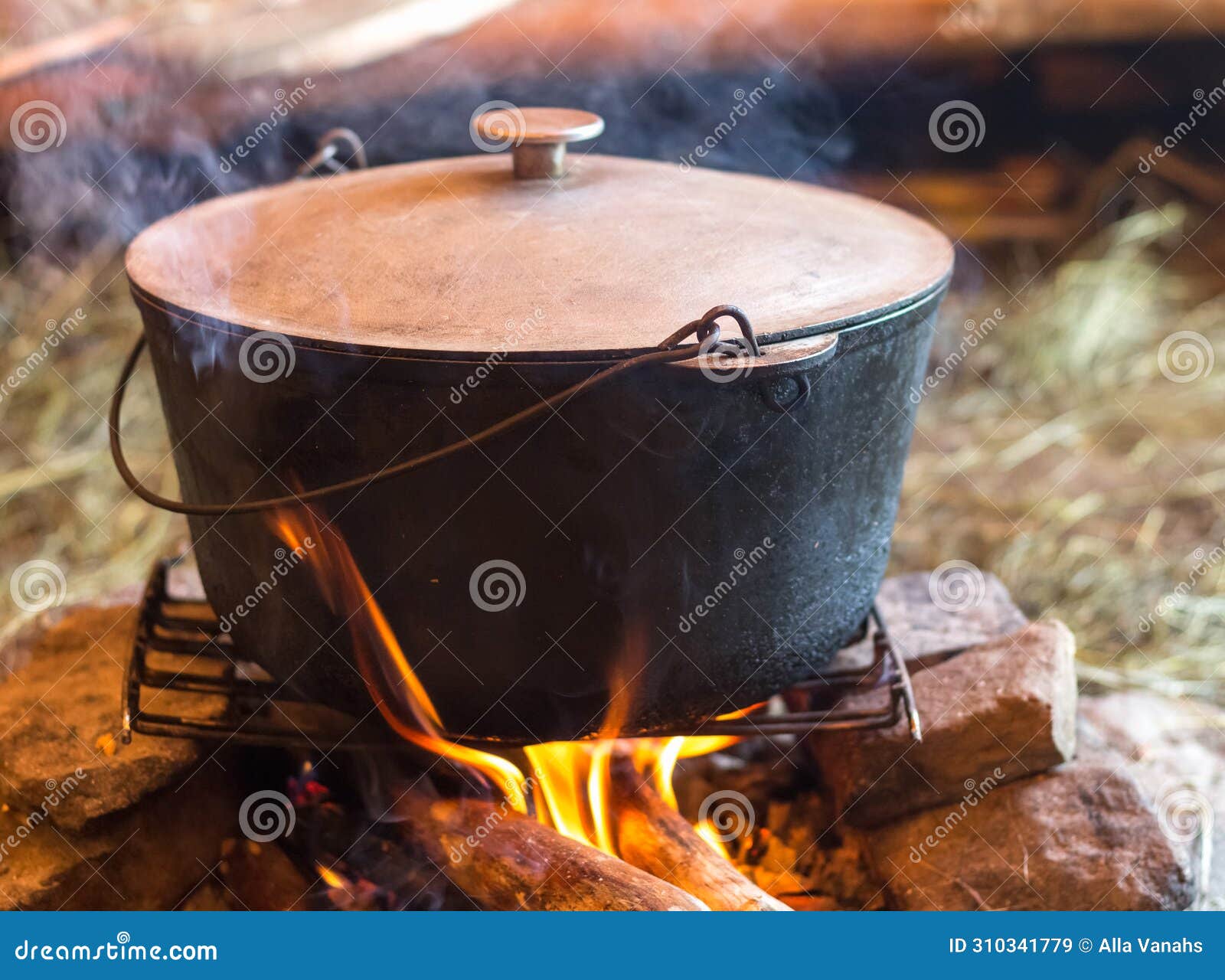 Cooking in a Cauldron on Fire Stock Image - Image of smoke, campfire ...