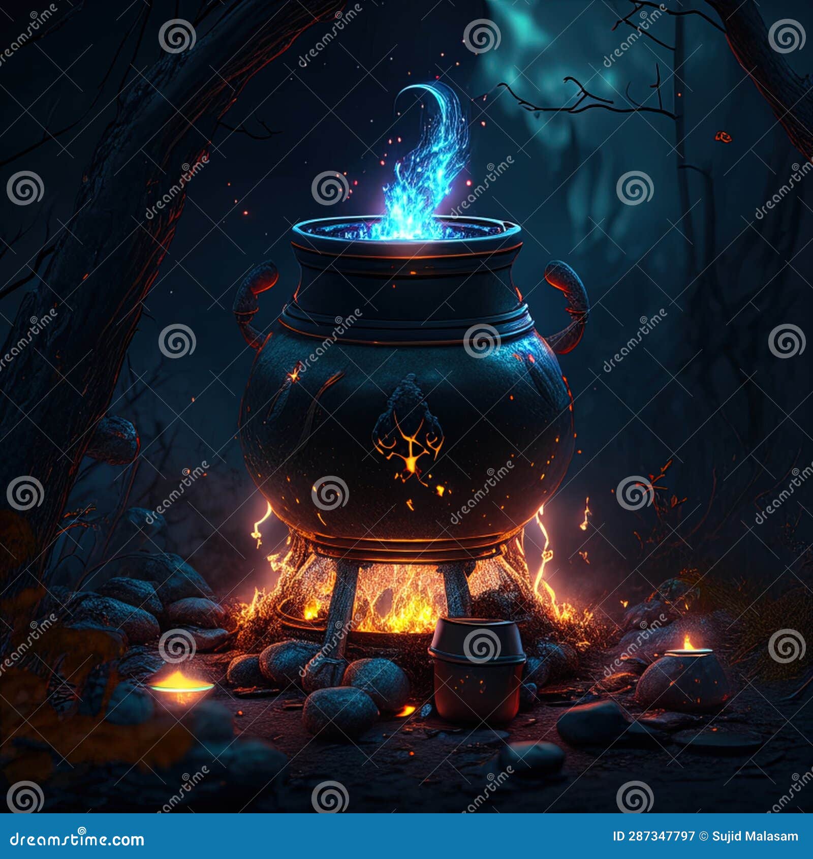 Cauldron on the Fire in the Dark Forest. 3d Rendering Generative AI ...