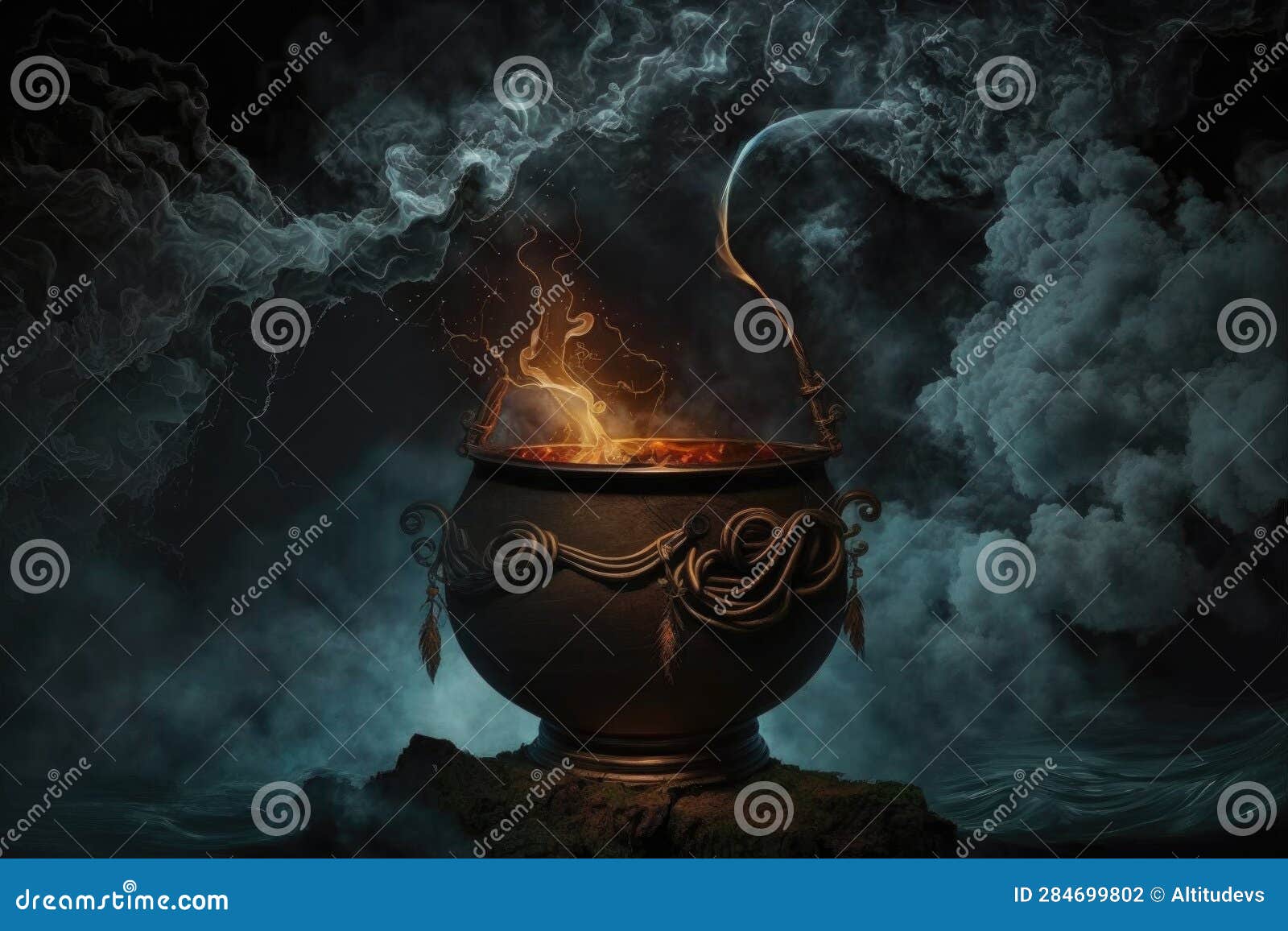 Cauldron with Flames and Smoke Rising, on a Dark and Stormy Night Stock ...