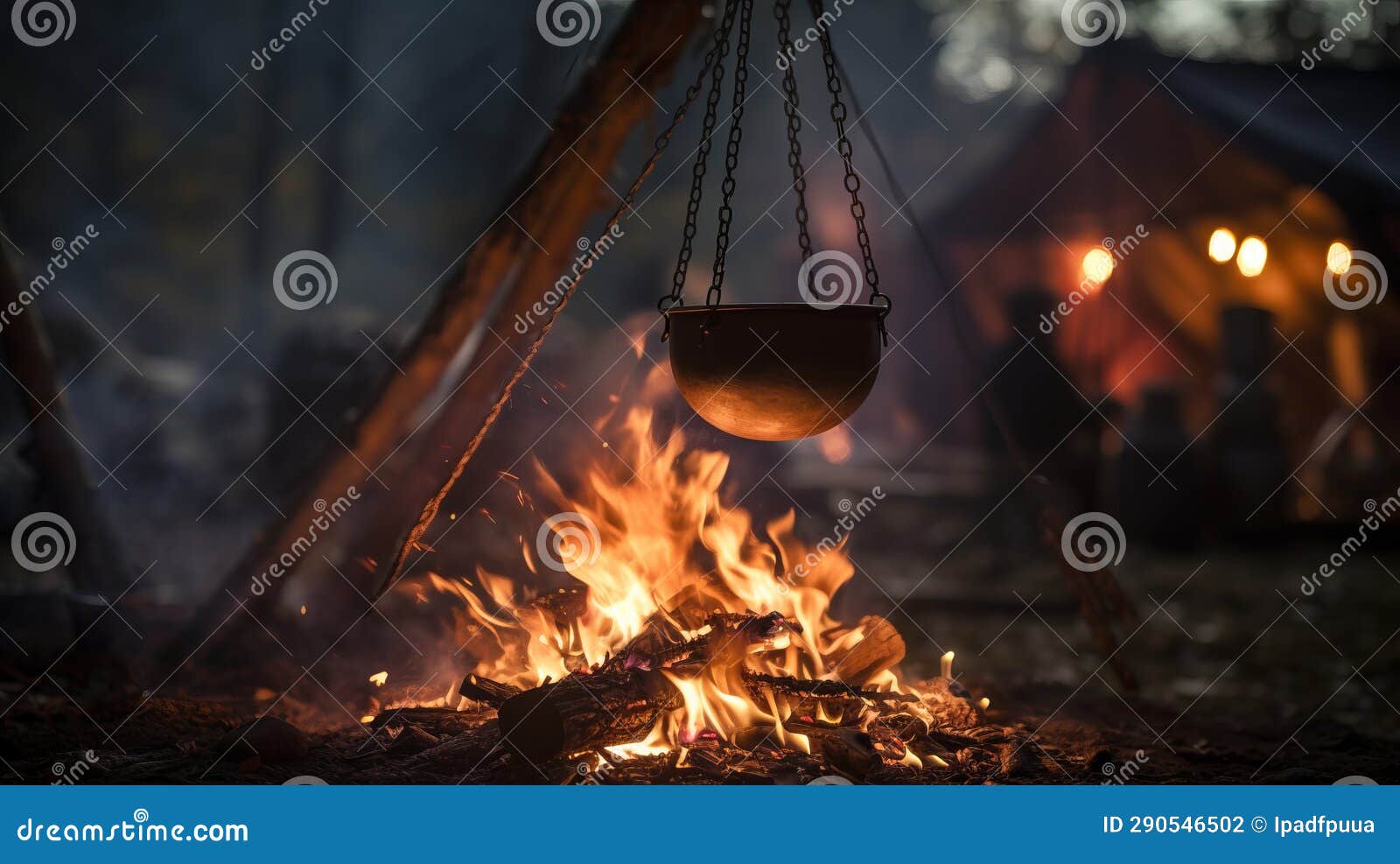 Cauldron Hangs Over the Fire on a Tripod in Camping Stock Illustration ...