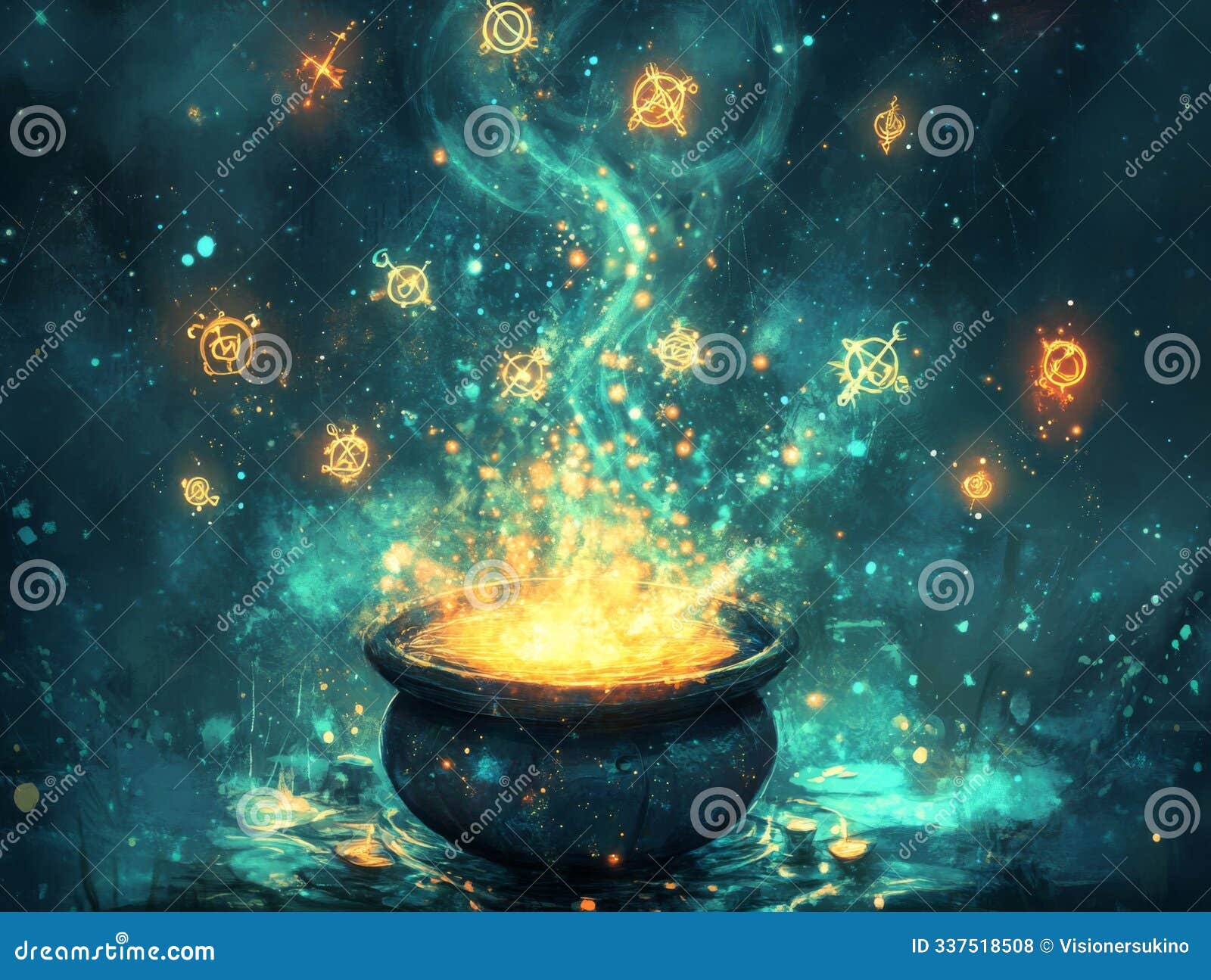Cauldron of Magic with Glowing Runes and Sparks Stock Illustration ...