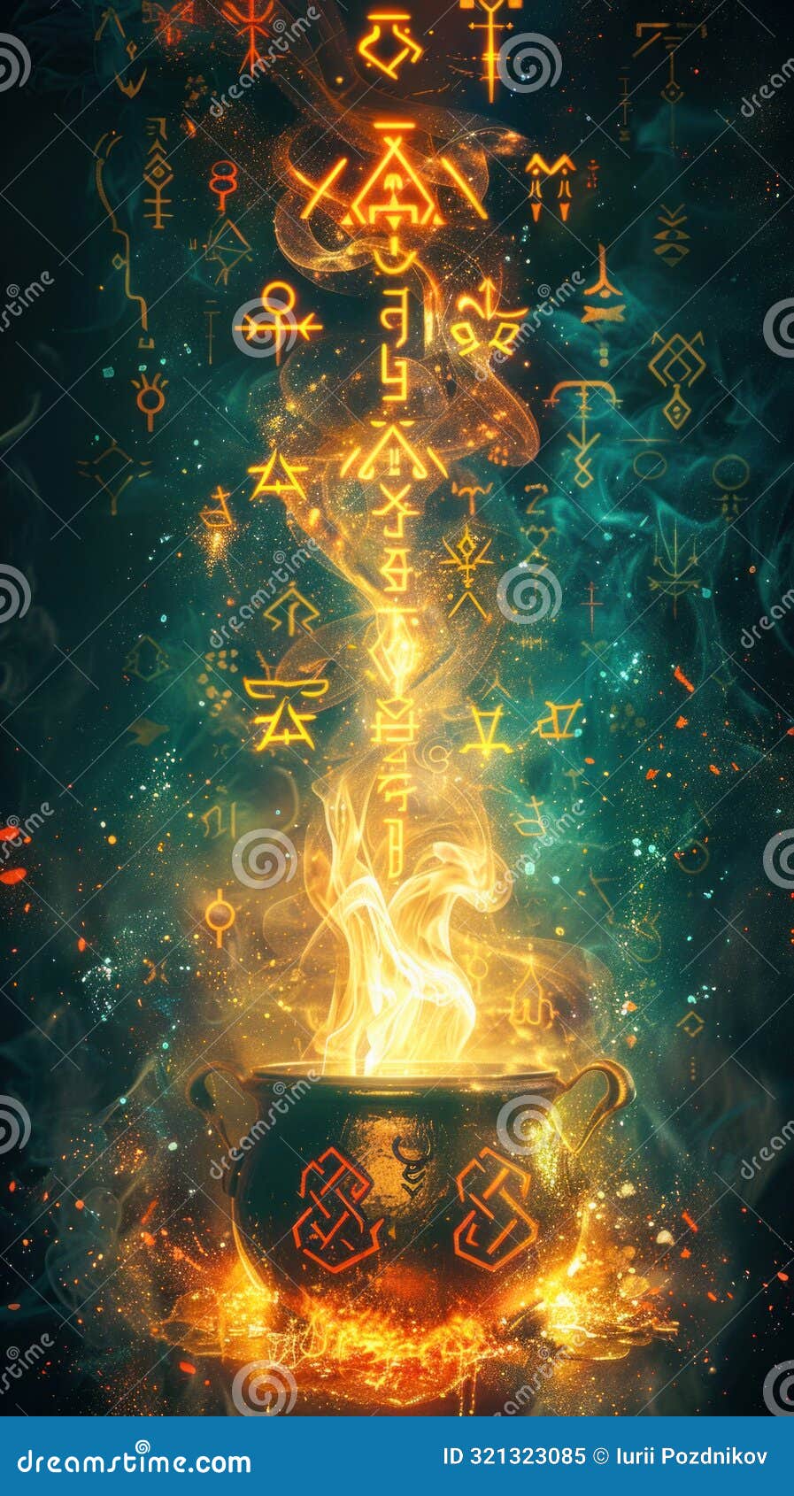 A Cauldron with Magical Symbols and Fire Stock Image - Image of ...