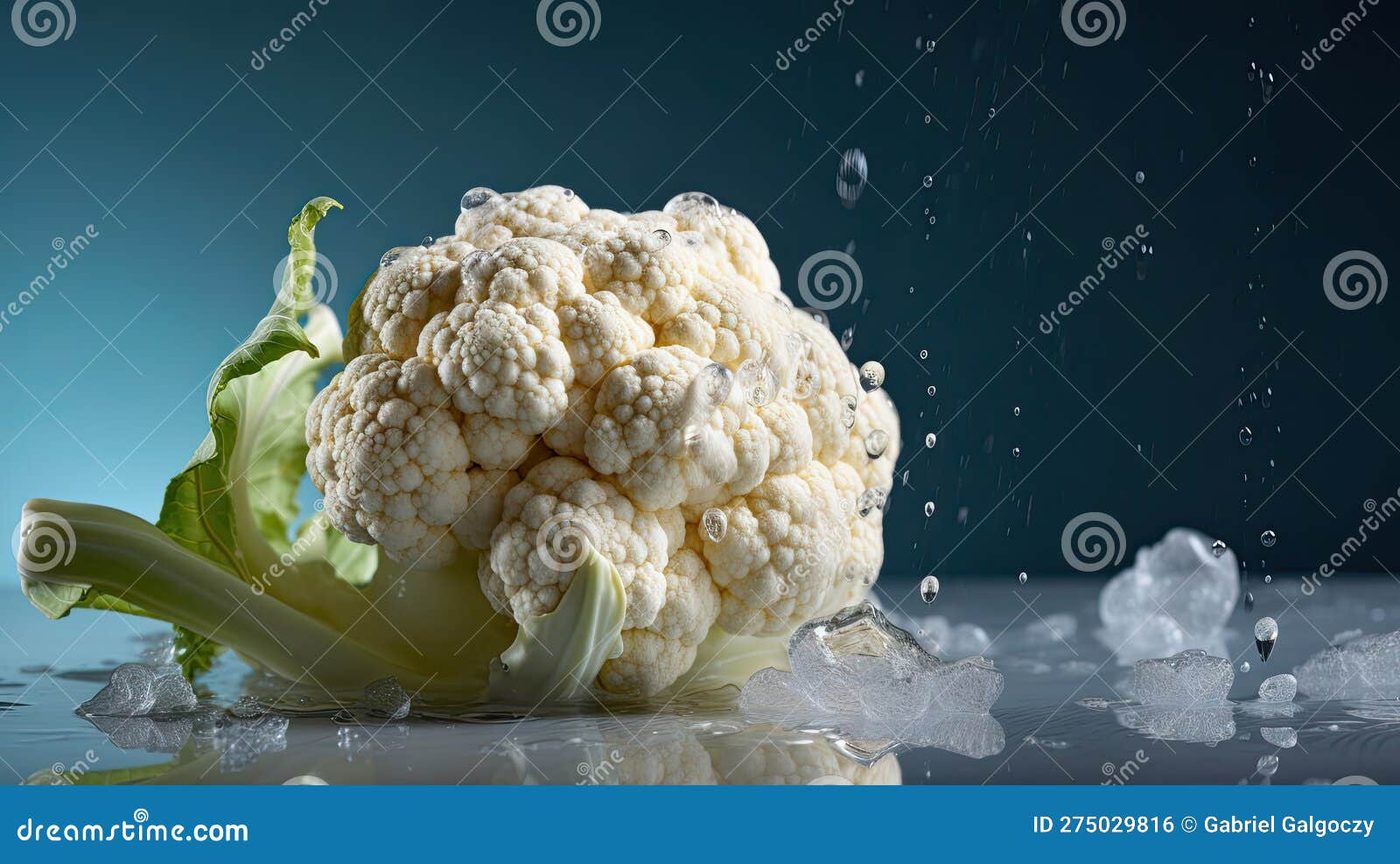 Cauliflower with Splashes of Water on a Blue Background Stock ...