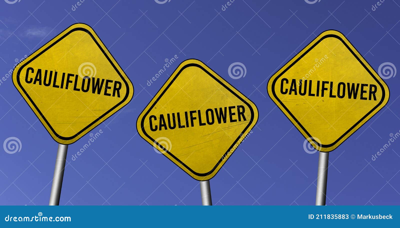 Cauliflower - Three Yellow Signs with Blue Sky Background Stock Image ...