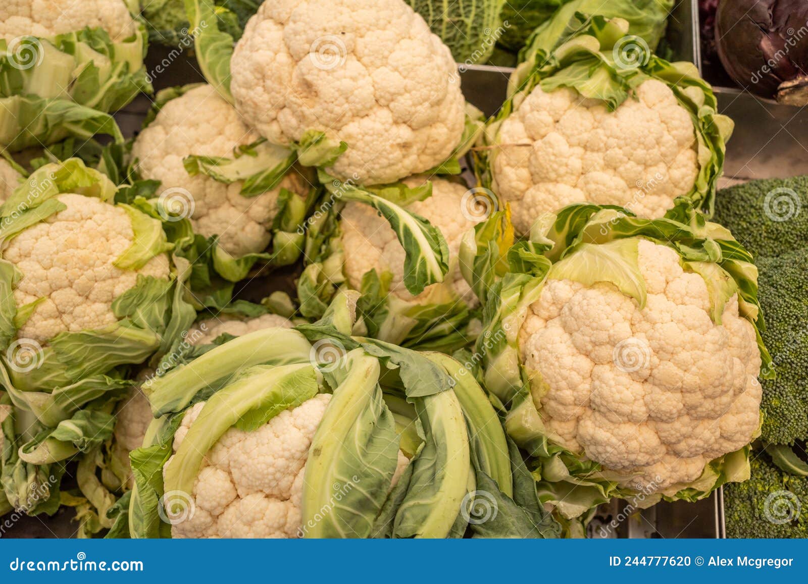 Cauliflowers on Display in Box Stock Photo - Image of harvest, board ...