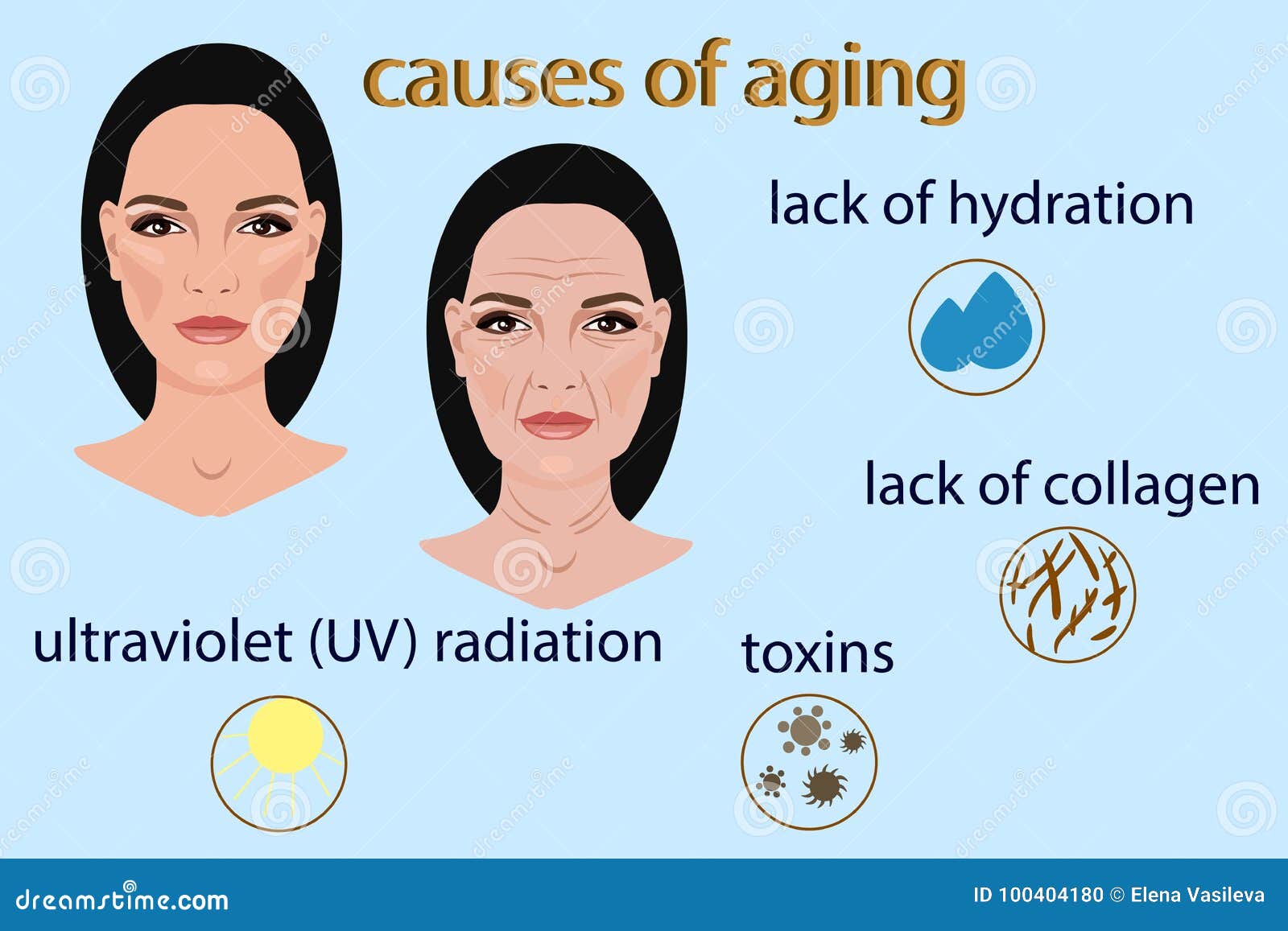 Causes Of Aging, Vector Illustration With Two Faces And Small Pictures ...
