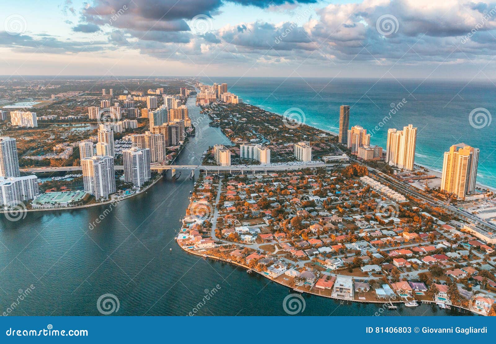 Causeway, River and Skyline of Miami Beach, View from Helicopter Stock ...