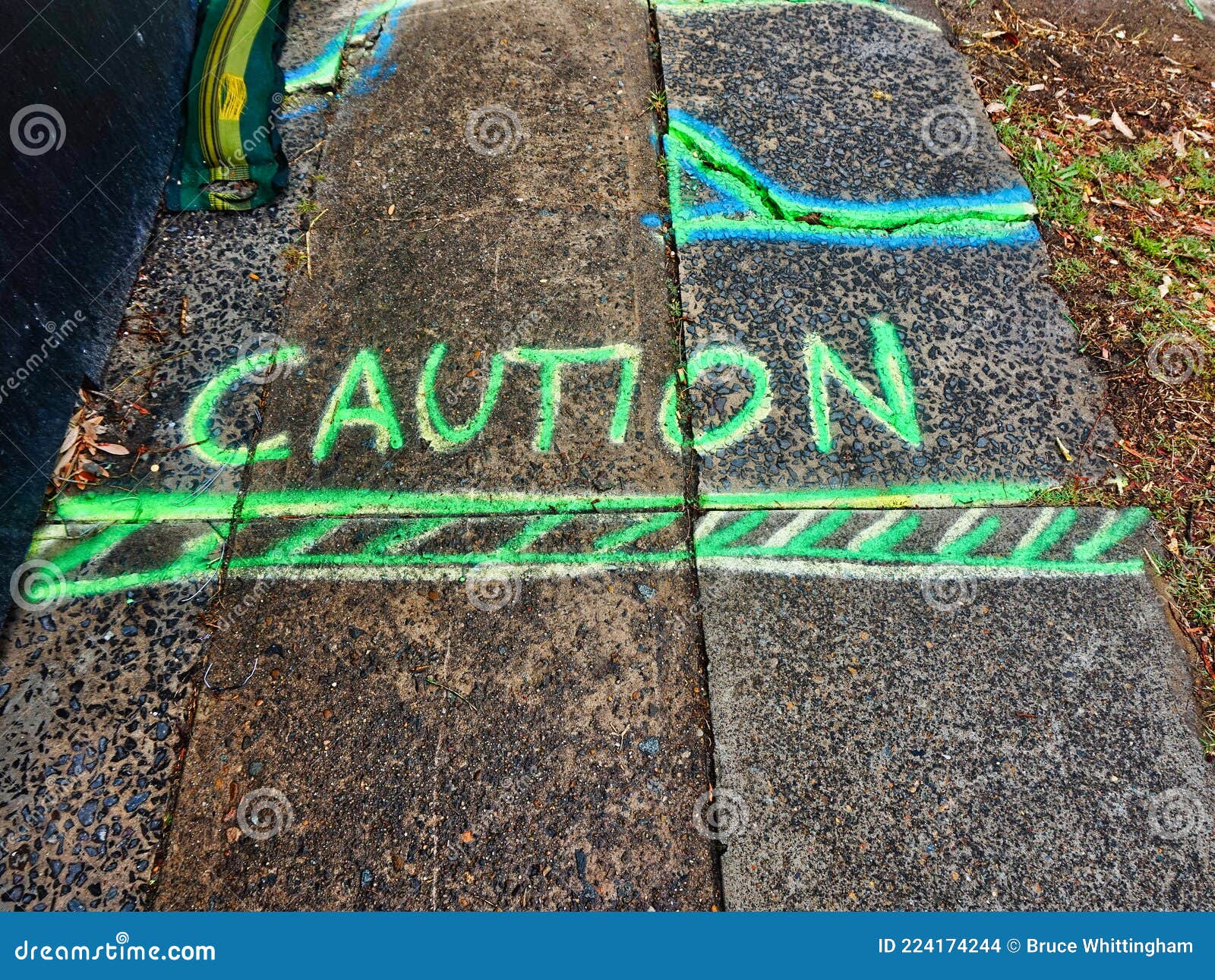 Caution Chalk Sign on Broken Pavement Stock Photo - Image of careful ...