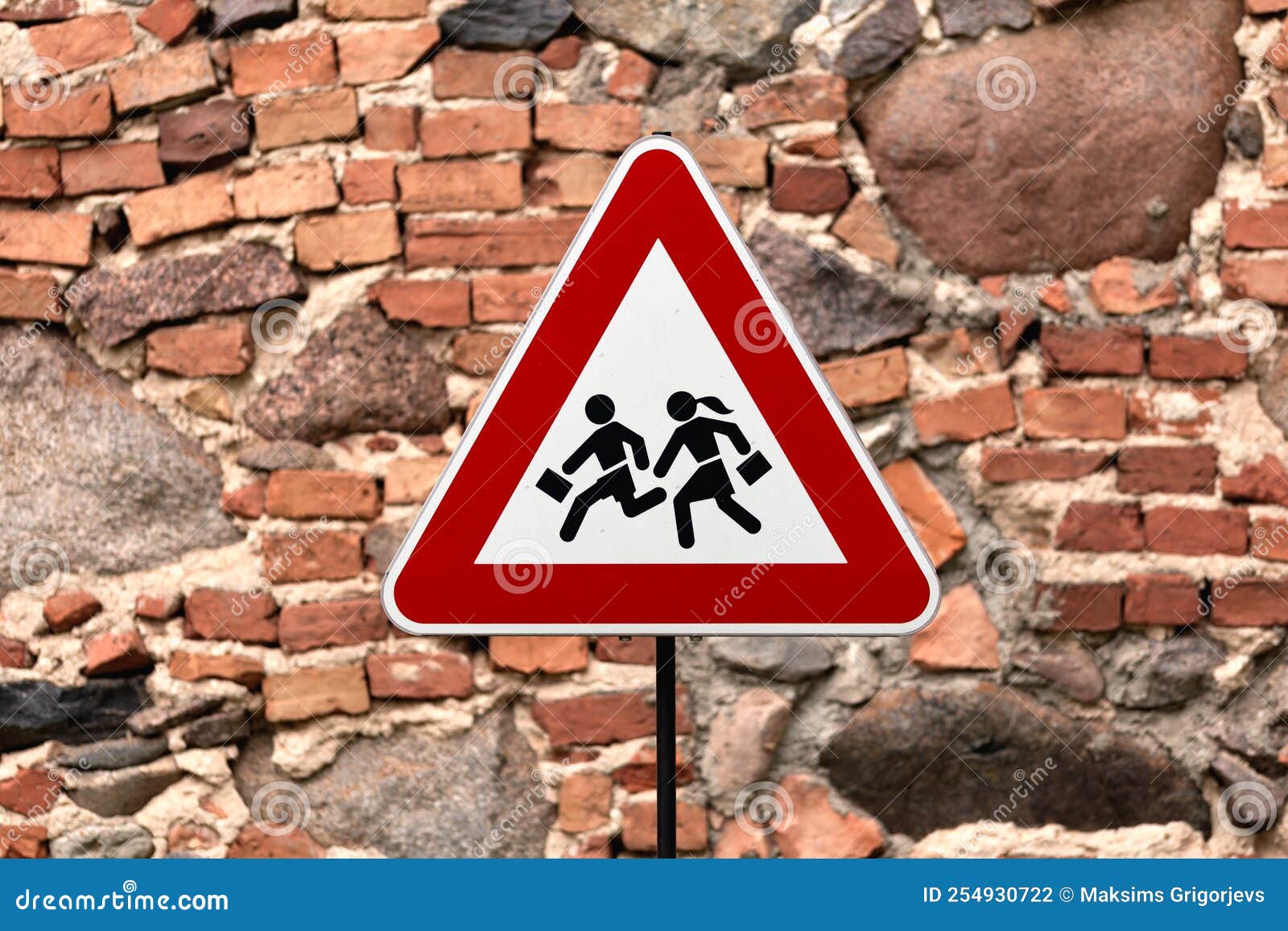 Caution Children Crossing Road Sign Post Mounted Stock Photo - Image of ...