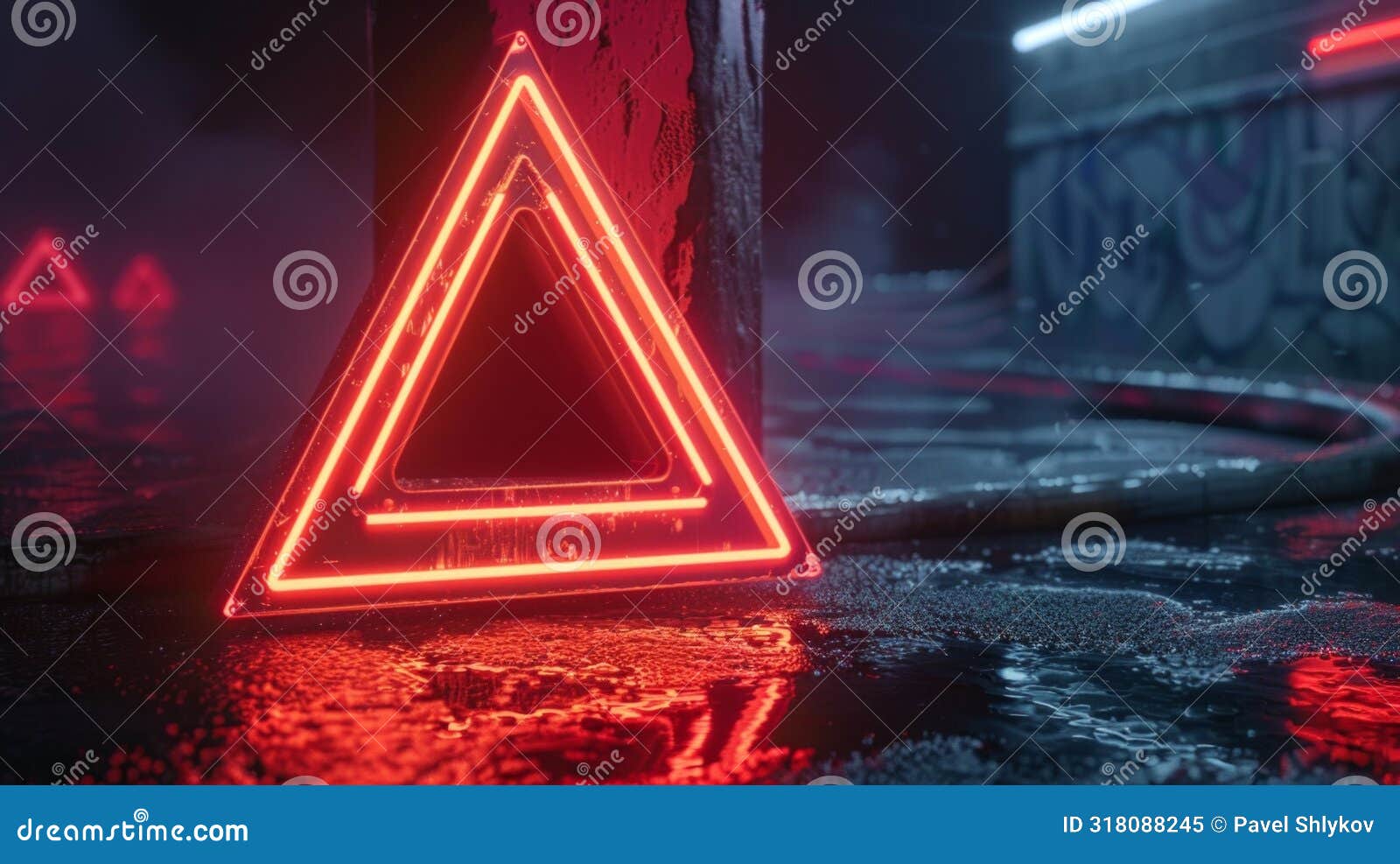 Caution Concept. Triangle Neon Road Warning Sign at Night Stock Image ...