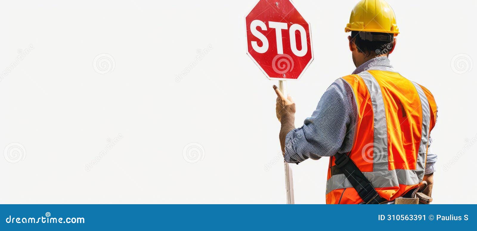 Caution: Construction Worker on Duty - Holding Stop Sign, Isolated on ...