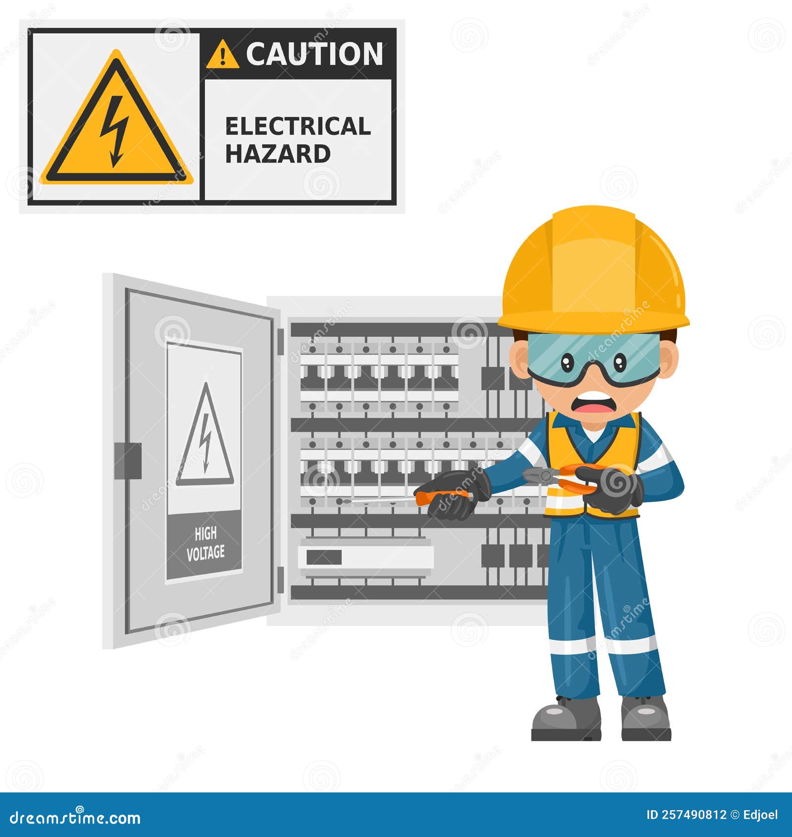 Caution, Electrical Hazard. Industrial Electrician Worker Manipulating ...