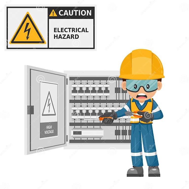 Caution, Electrical Hazard. Industrial Electrician Worker Manipulating ...