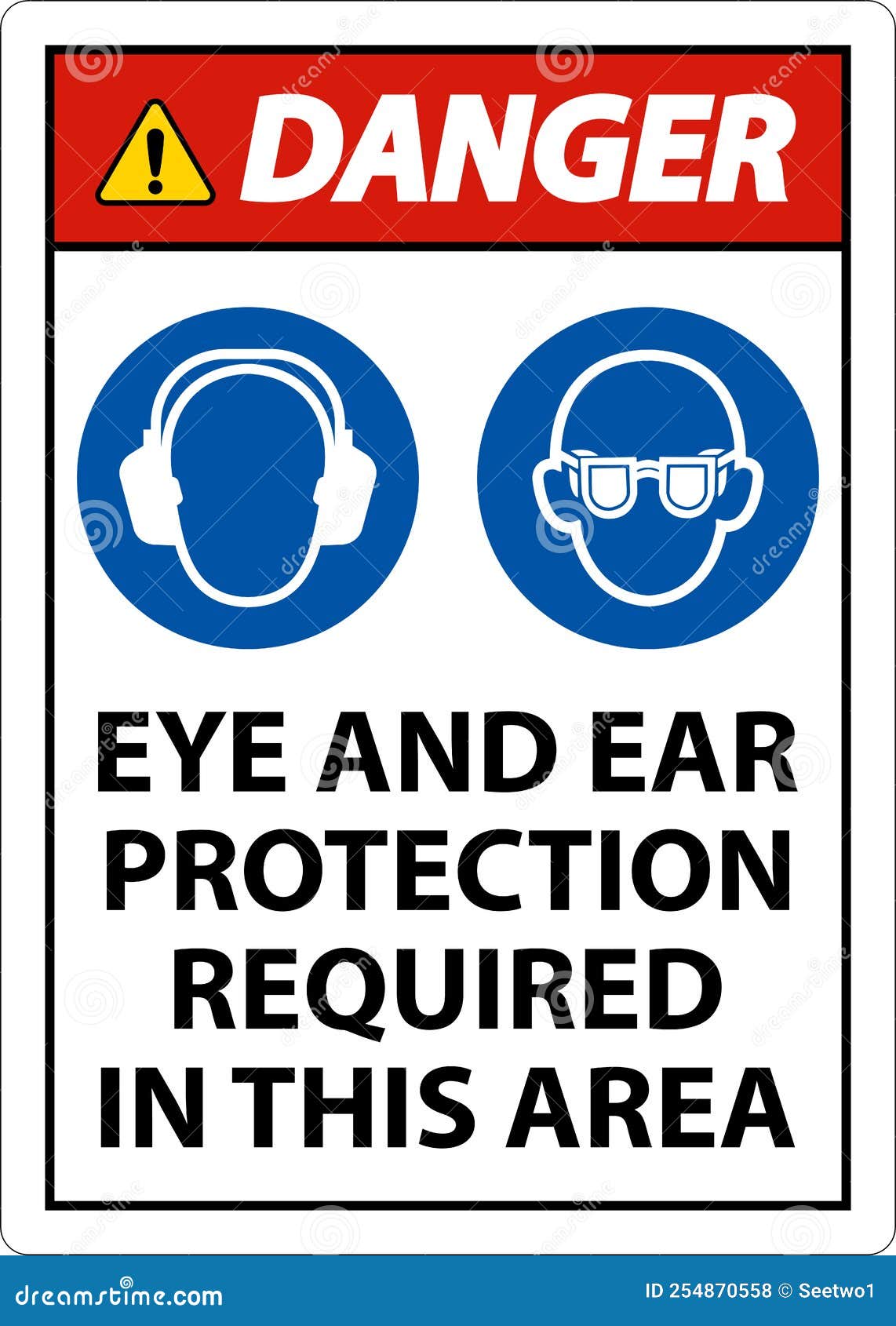 Caution Eye and Ear Protection Required Sign on White Background Stock ...