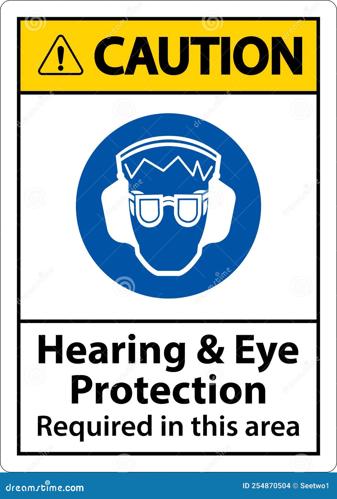 Caution Hearing and Eye Protection Sign on White Background Stock ...