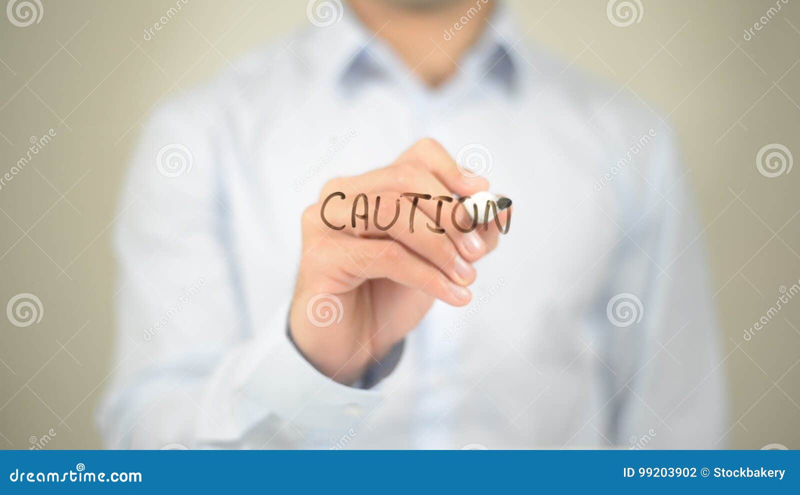 Caution, Man Writing on Transparent Screen Stock Photo - Image of frame ...
