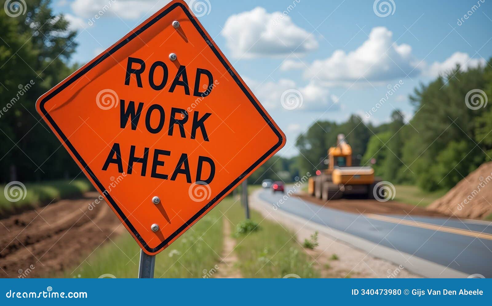 Caution Road Under Construction Sign with Workers in Background Stock ...