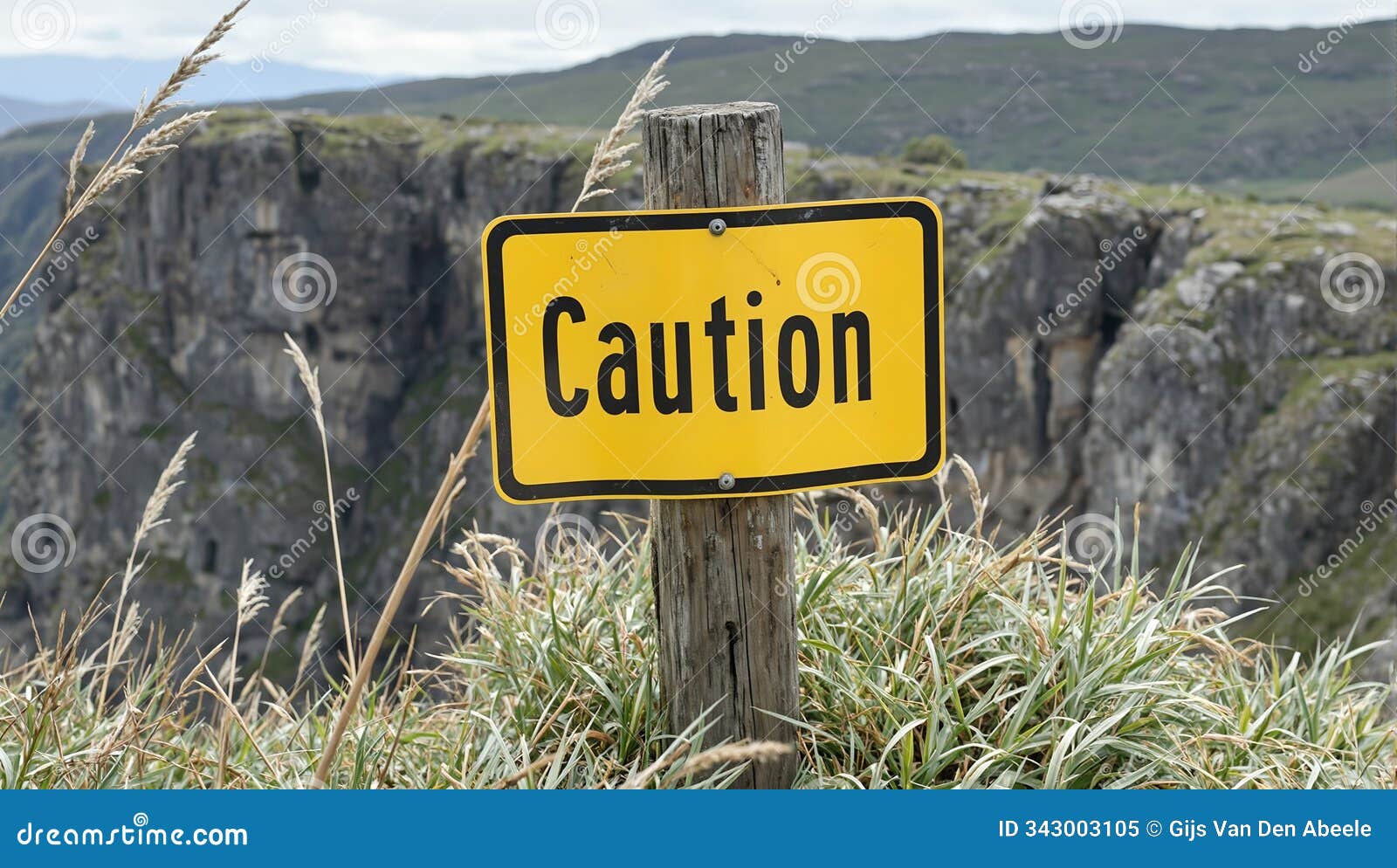 Caution Sign on Cliff Edge with Mountain Backdrop Stock Illustration ...