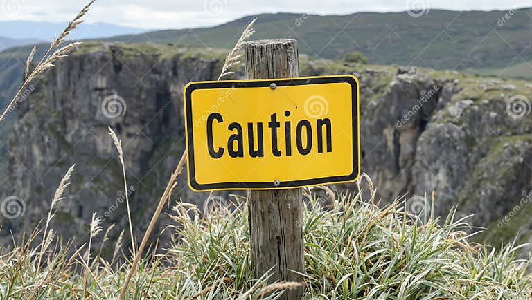 Caution Sign on Cliff Edge with Mountain Backdrop Stock Illustration ...